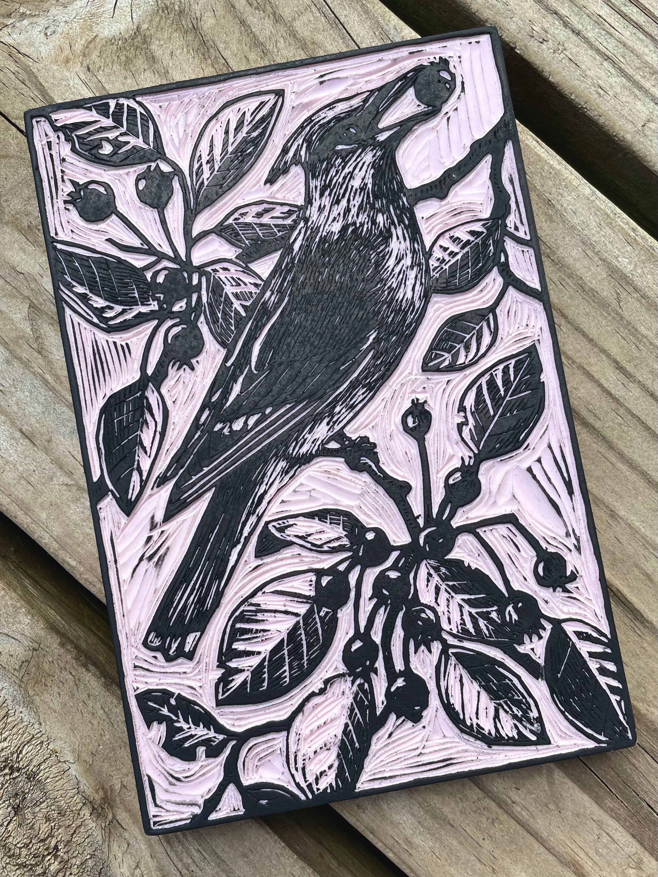 Cedar Waxwing & Serviceberry Original Linocut Print | Bird Art Print ...