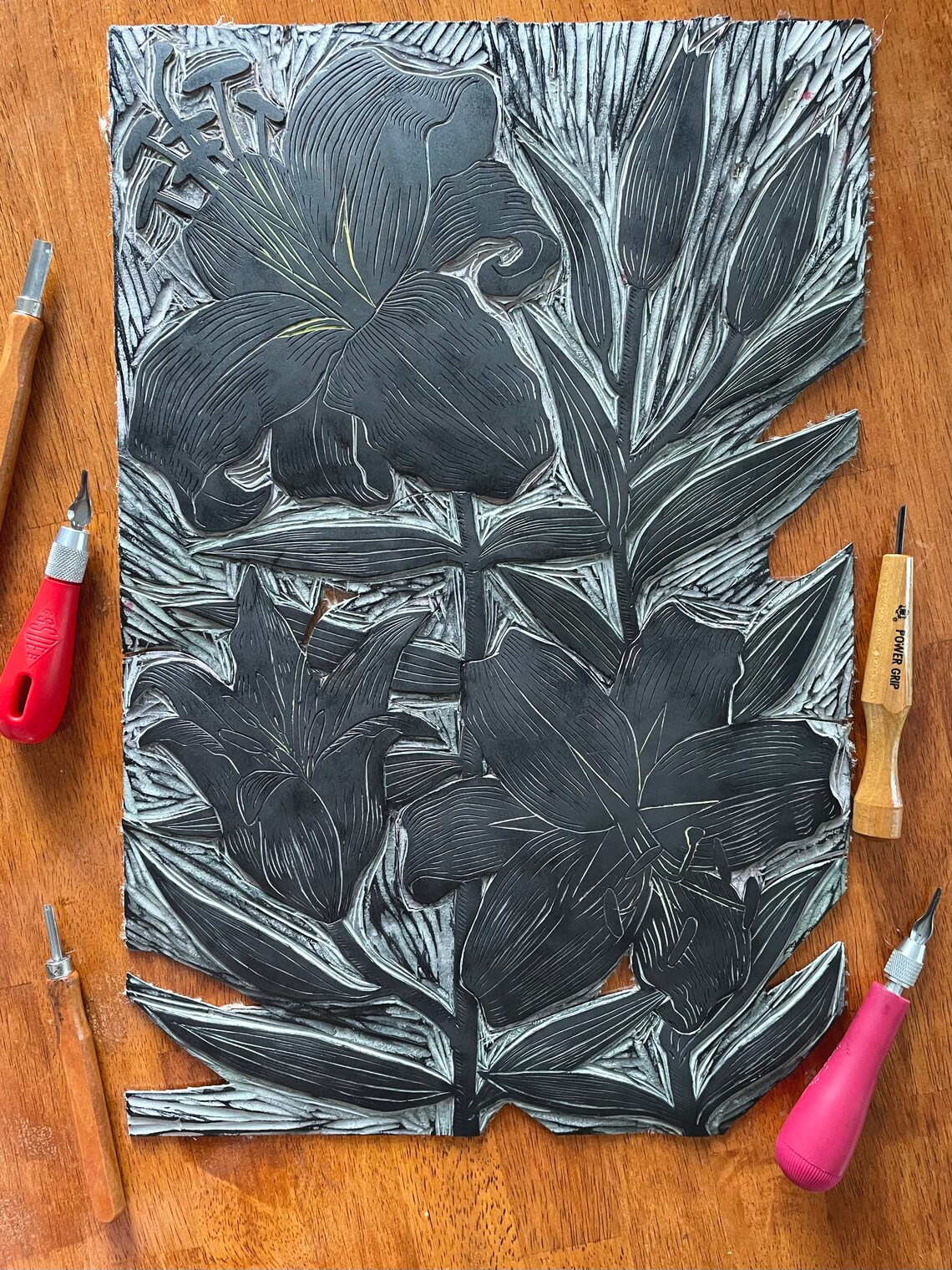 Lilies 16x20 Black and White Linocut Print Floral Wall Art B&W ...