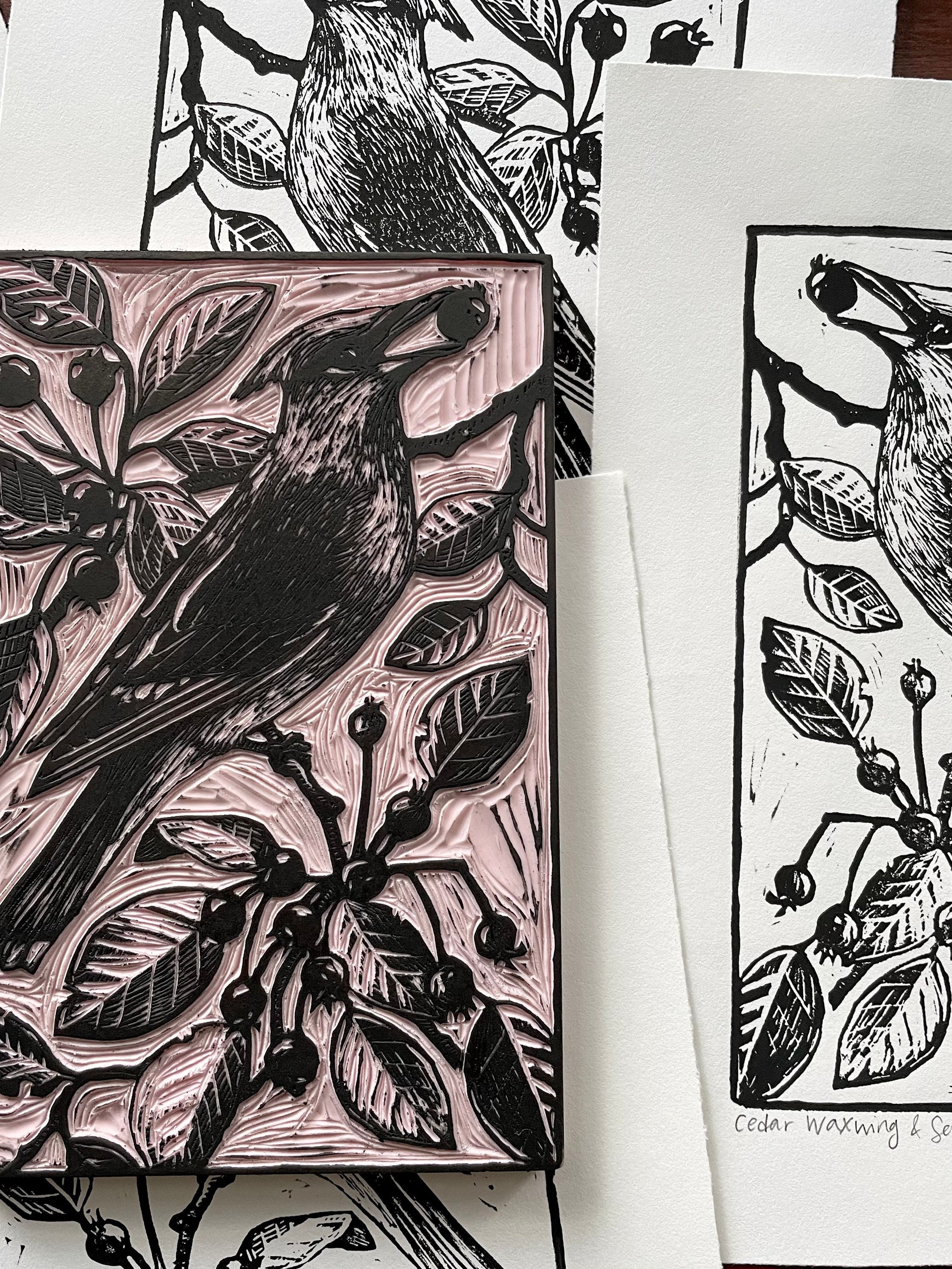 Cedar Waxwing & Serviceberry Original Linocut Print | Bird Art Print ...