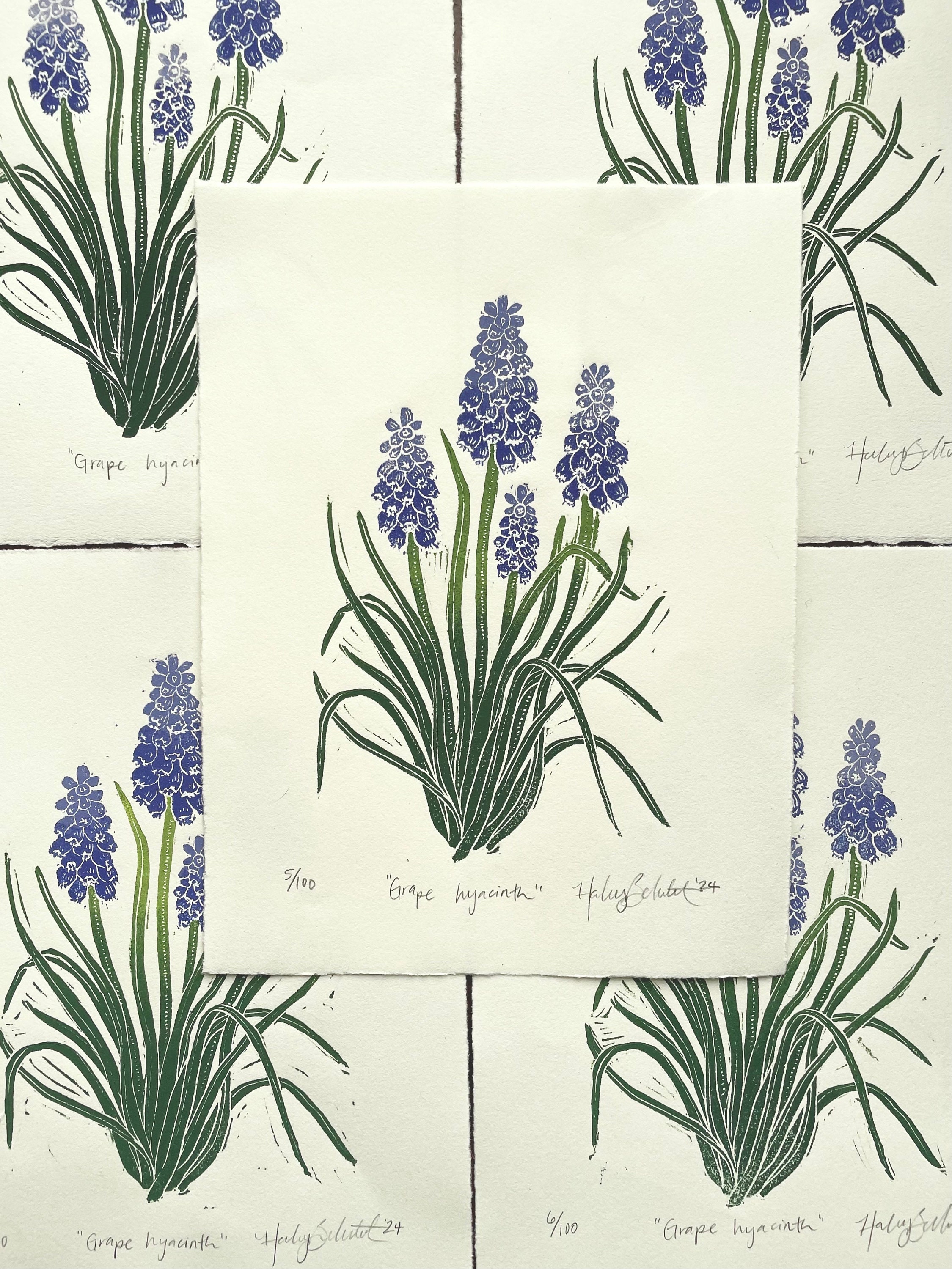 Grape Hyacinth Color Linocut Print | Muscari Art Block Print ...