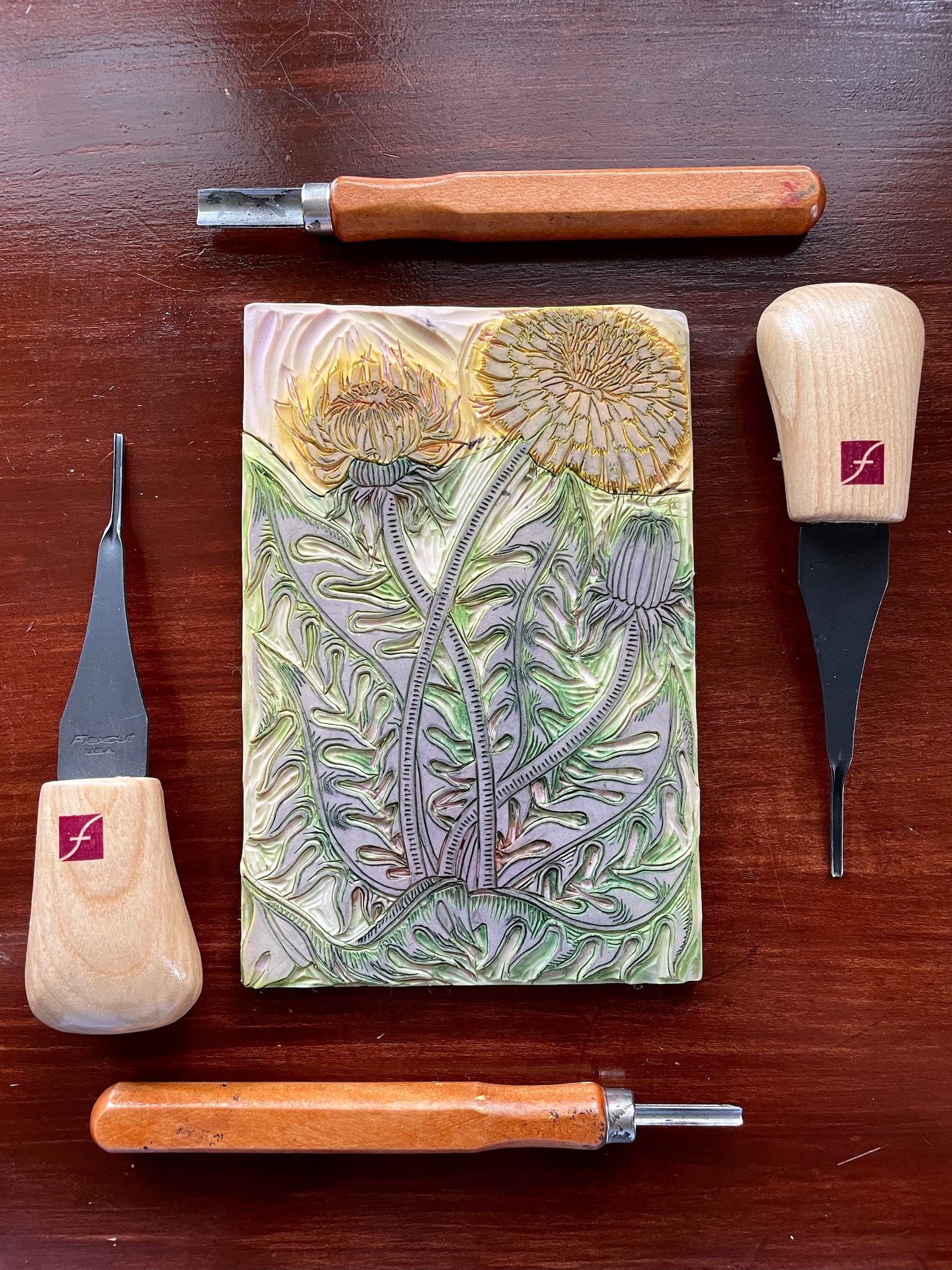 Dandelion Bloom Color Linocut Print | Taraxacum Art Block Print ...