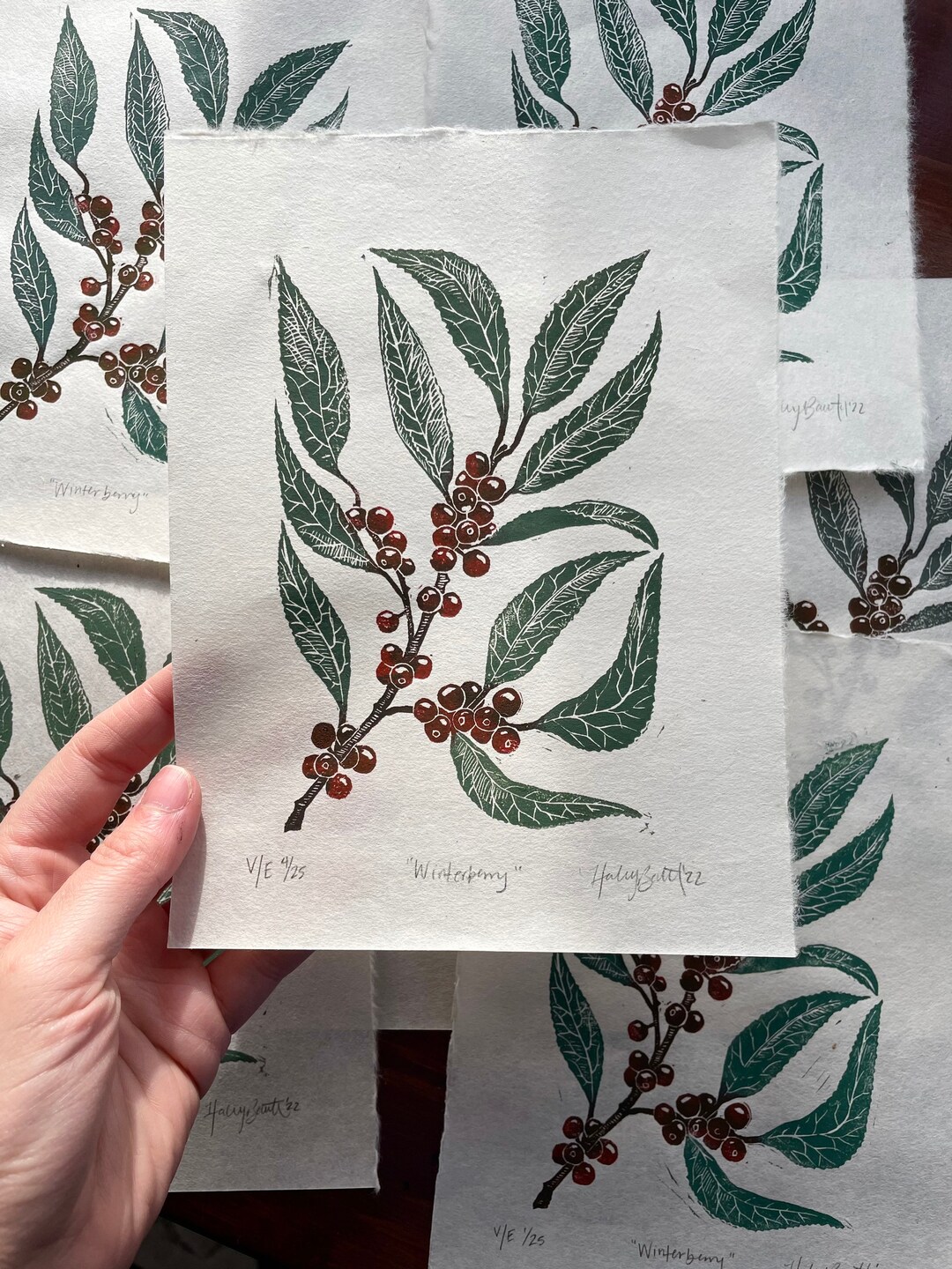 Multicolor Berry Branch Original Linocut Print | Winterberry Relief ...