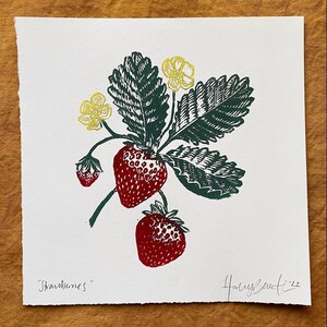 Strawberries Original Multicolor Linocut Print | Botanical Color Block ...