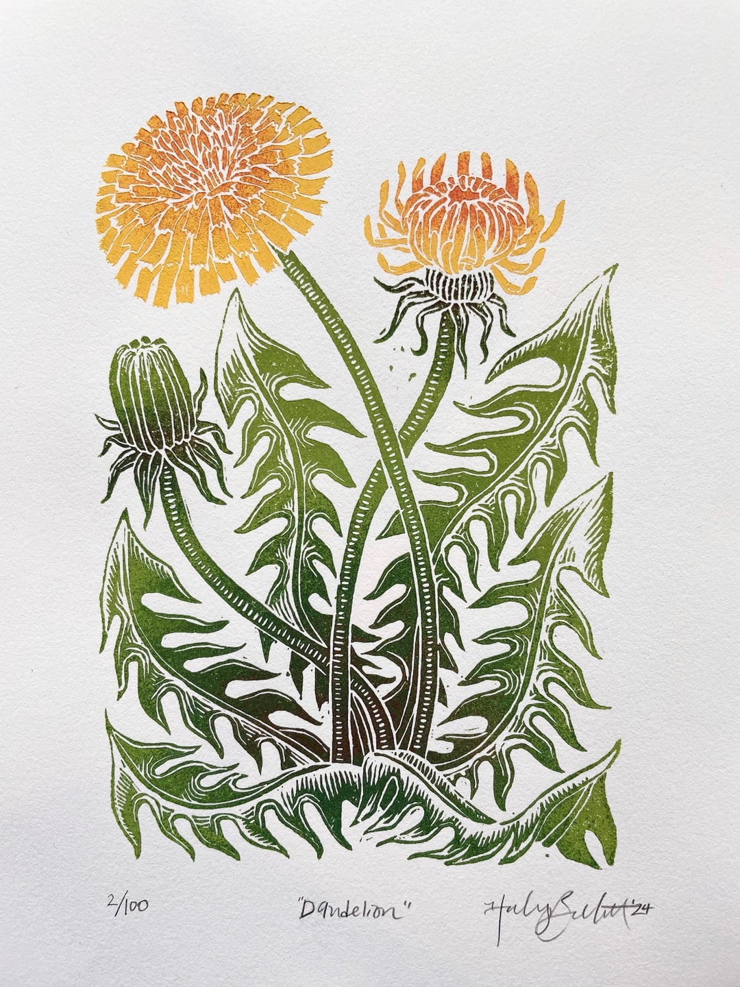 Dandelion Bloom Color Linocut Print | Taraxacum Art Block Print ...