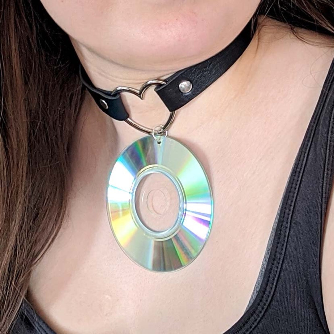 CD Choker - Heart Necklace Black Silver Y2K DVD Disc Retro Mini Small Love Reflective Raver Y2K ...