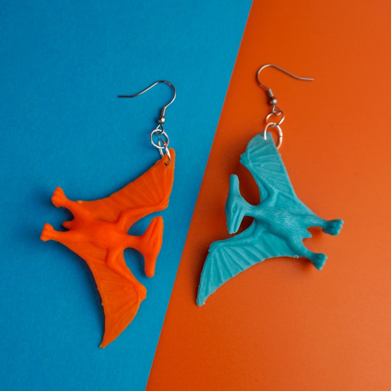 Pterodactyl Dinosaur Earrings - Mismatch Neon Dino Animal Dangle ...