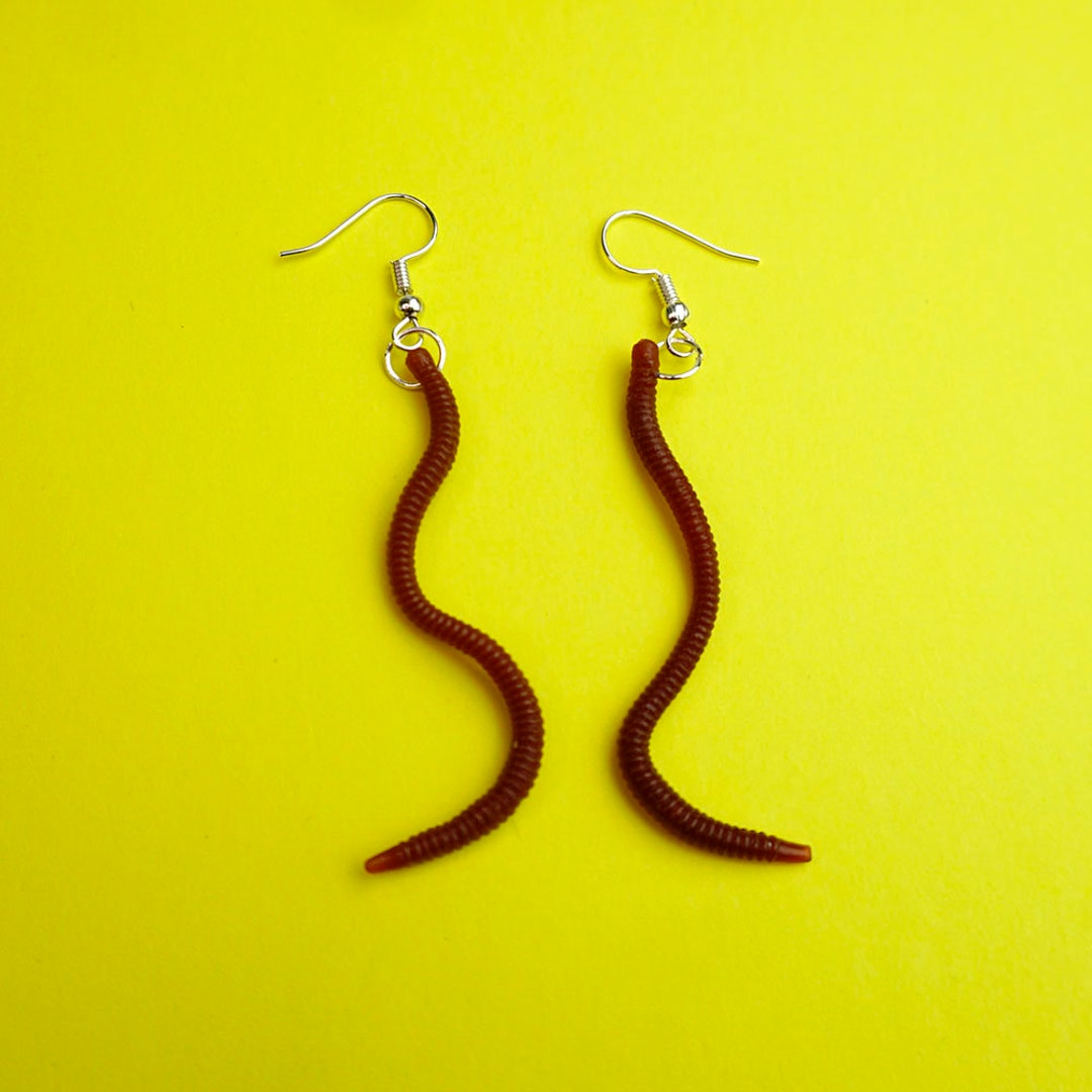 Worm Earrings Squishy Brown Stretchy Fish Bait Animal Worms Halloween ...