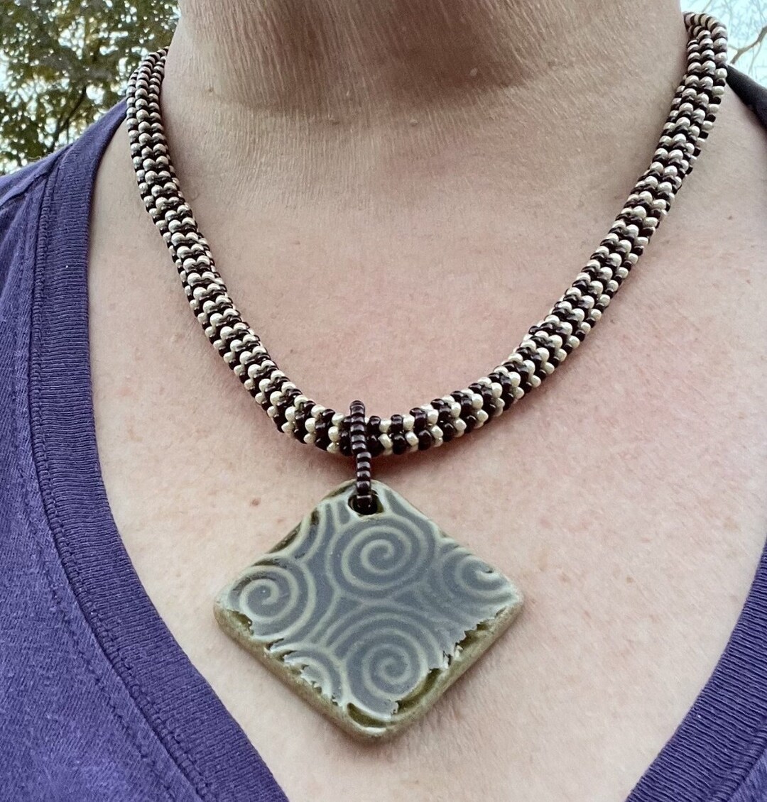Boho Beaded Necklace With Ceramic Swirl Pendant – Earthy Glass Bead ...