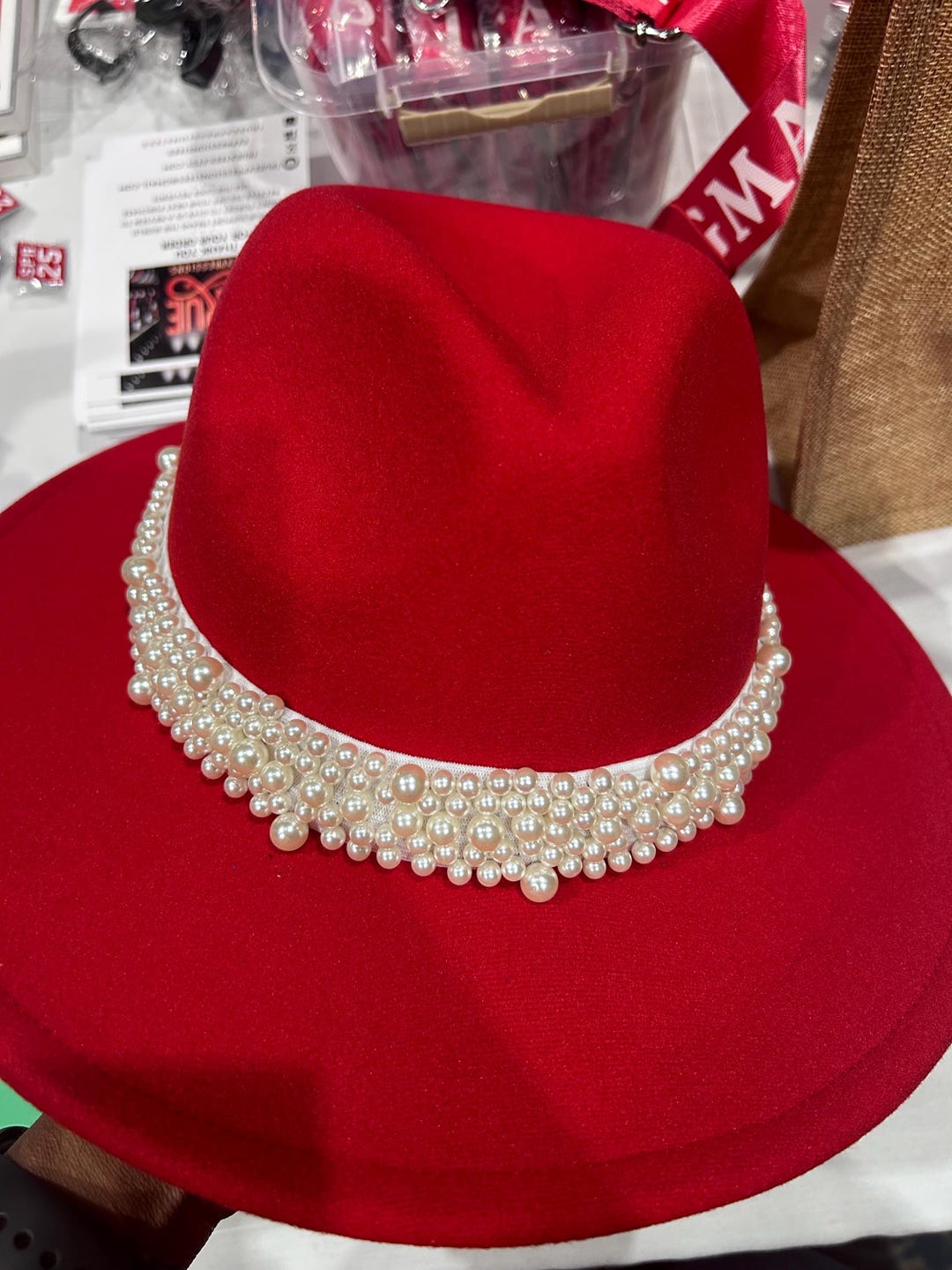 Red Felt Hat With Pearl Head Strap - Etsy