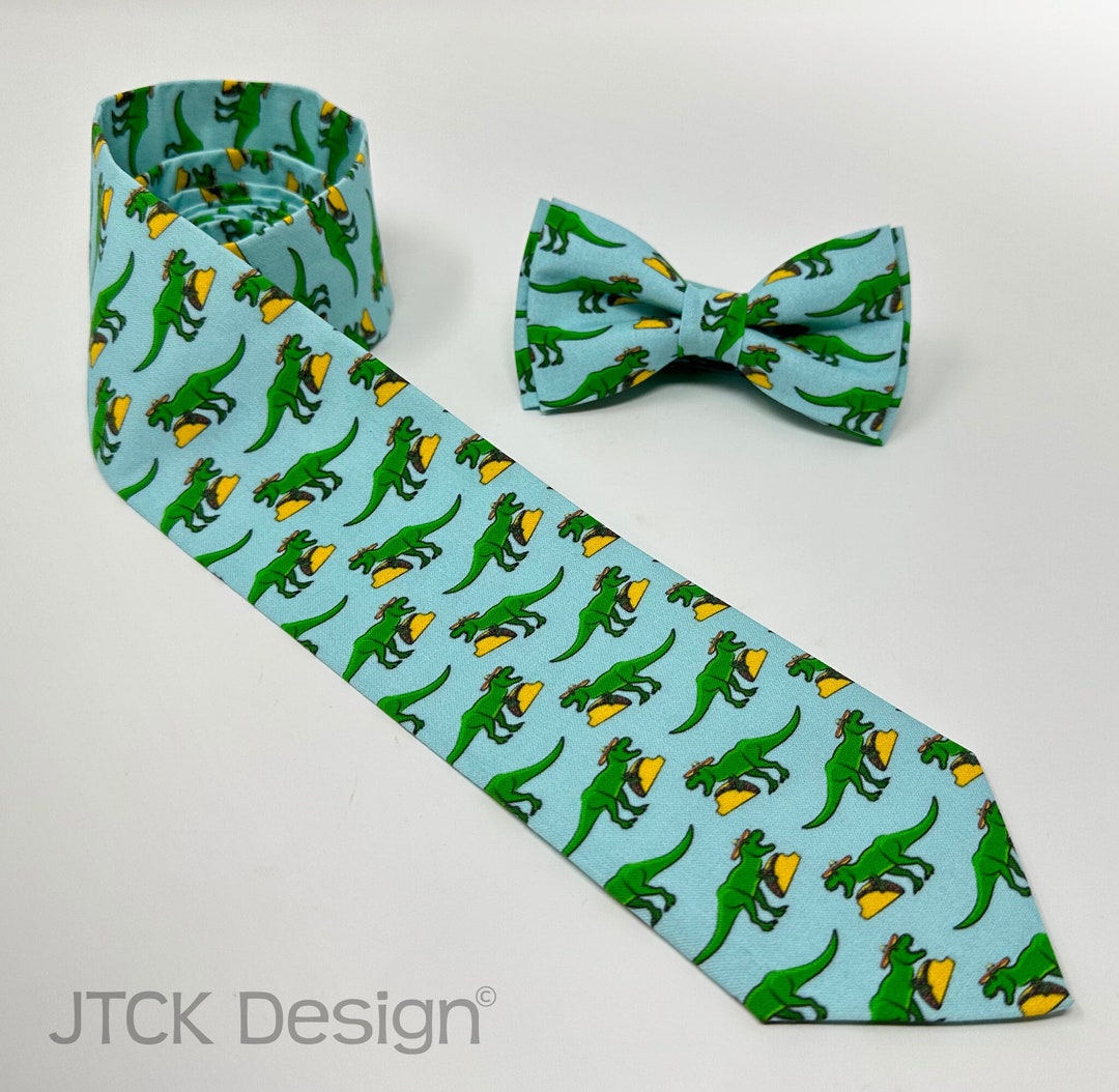 Mexican Folk Art T-rex Dinosaur Eating Tacos Foodie Men's Tie Bowtie ...