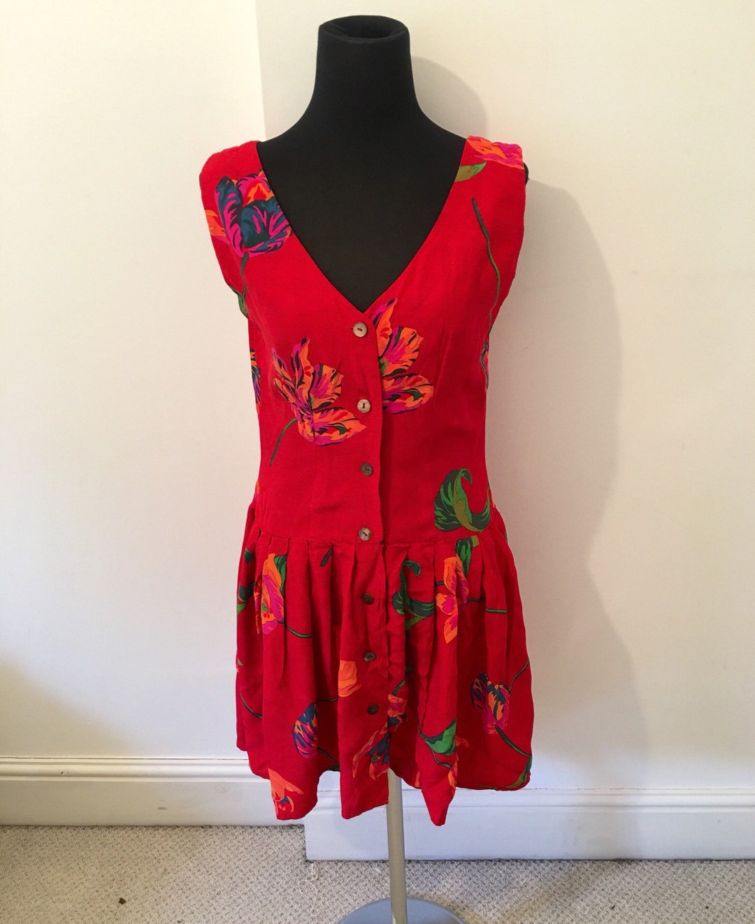 Vintage 80s Bright RED FLORAL Pattern Dress - Etsy