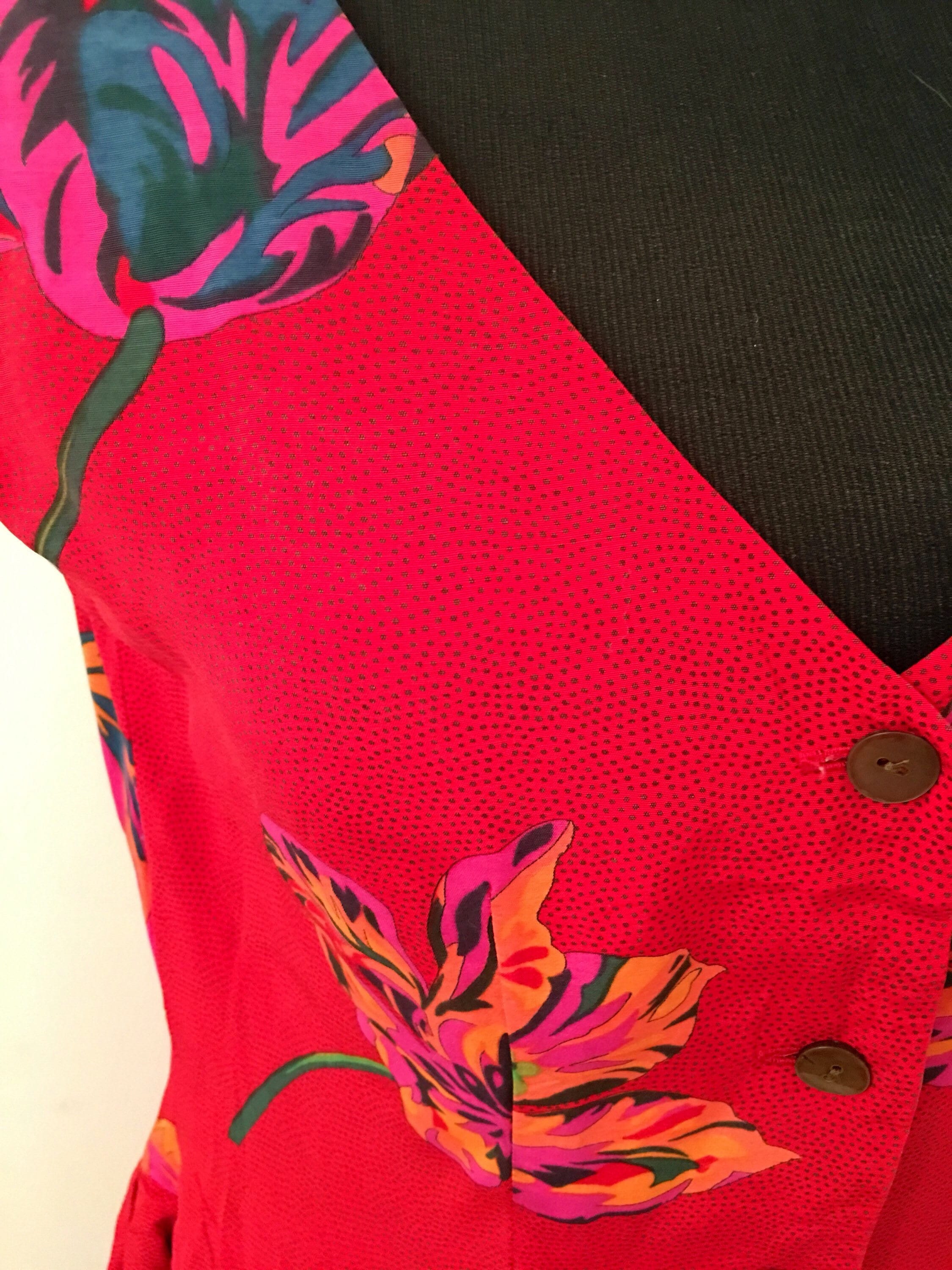 Vintage 80s Bright RED FLORAL Pattern Dress - Etsy