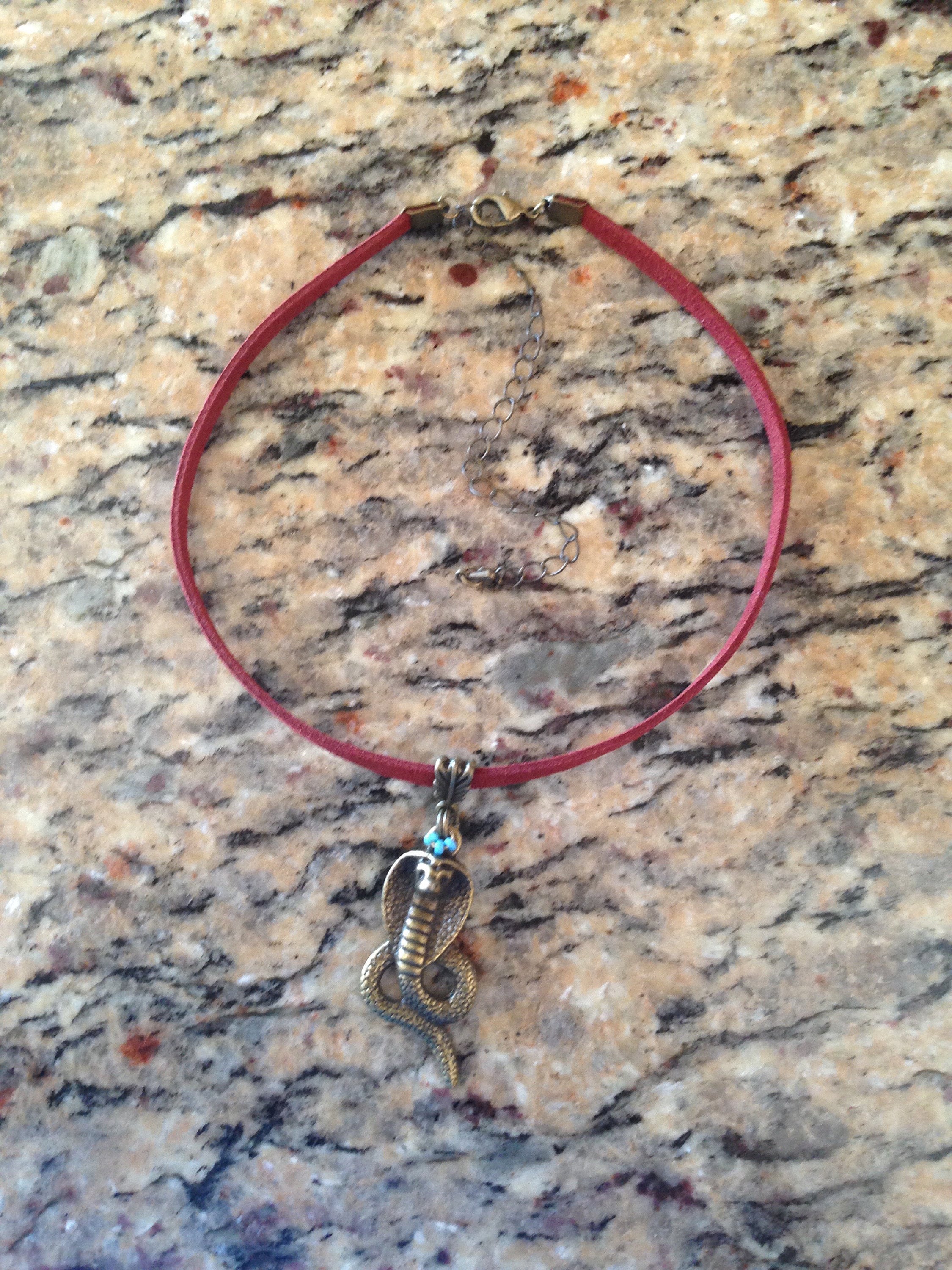 Suede Cord Choker Necklace, Red Suede Cord Snake Charm Pendant Choker ...