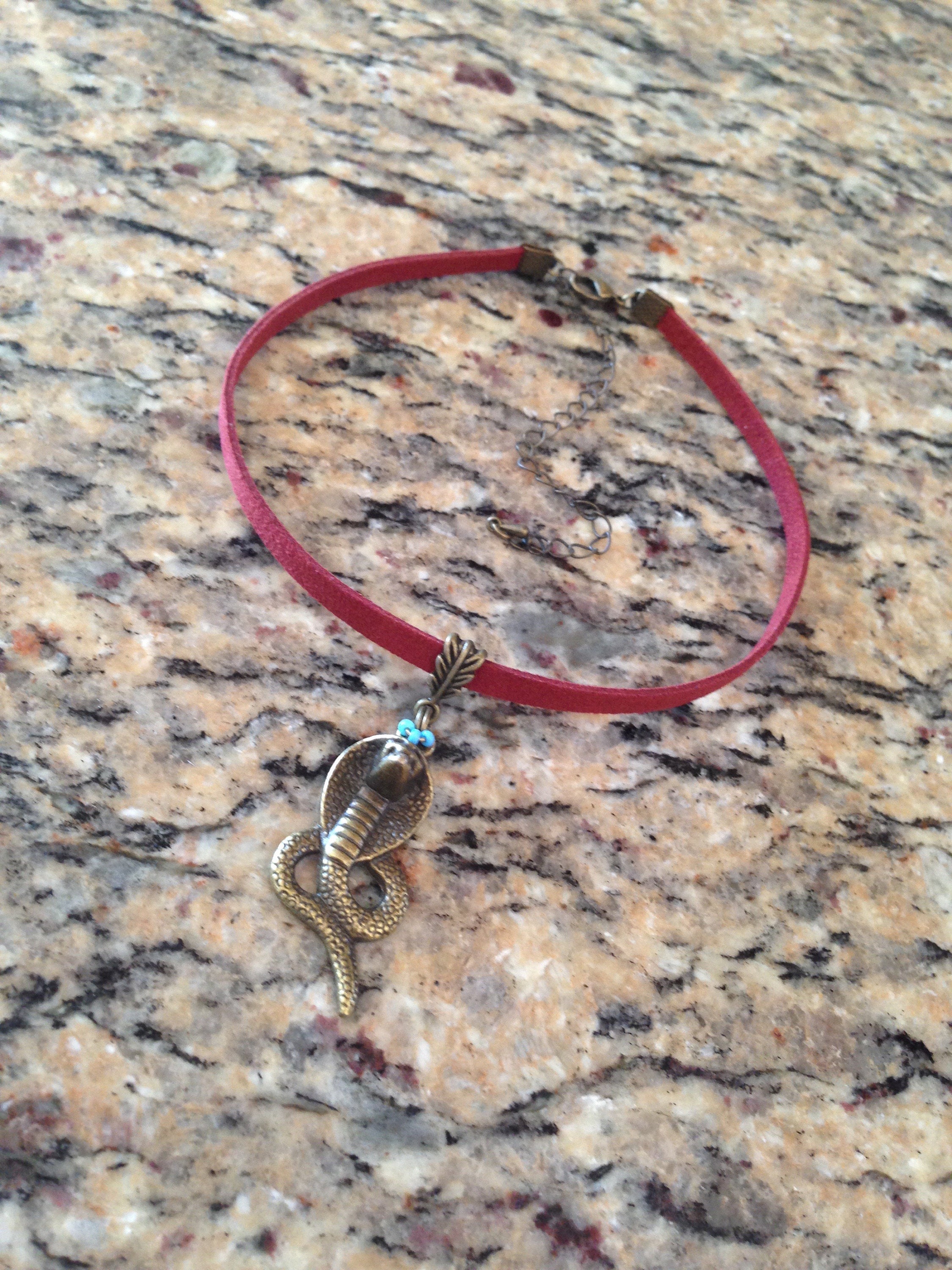 Suede Cord Choker Necklace, Red Suede Cord Snake Charm Pendant Choker ...