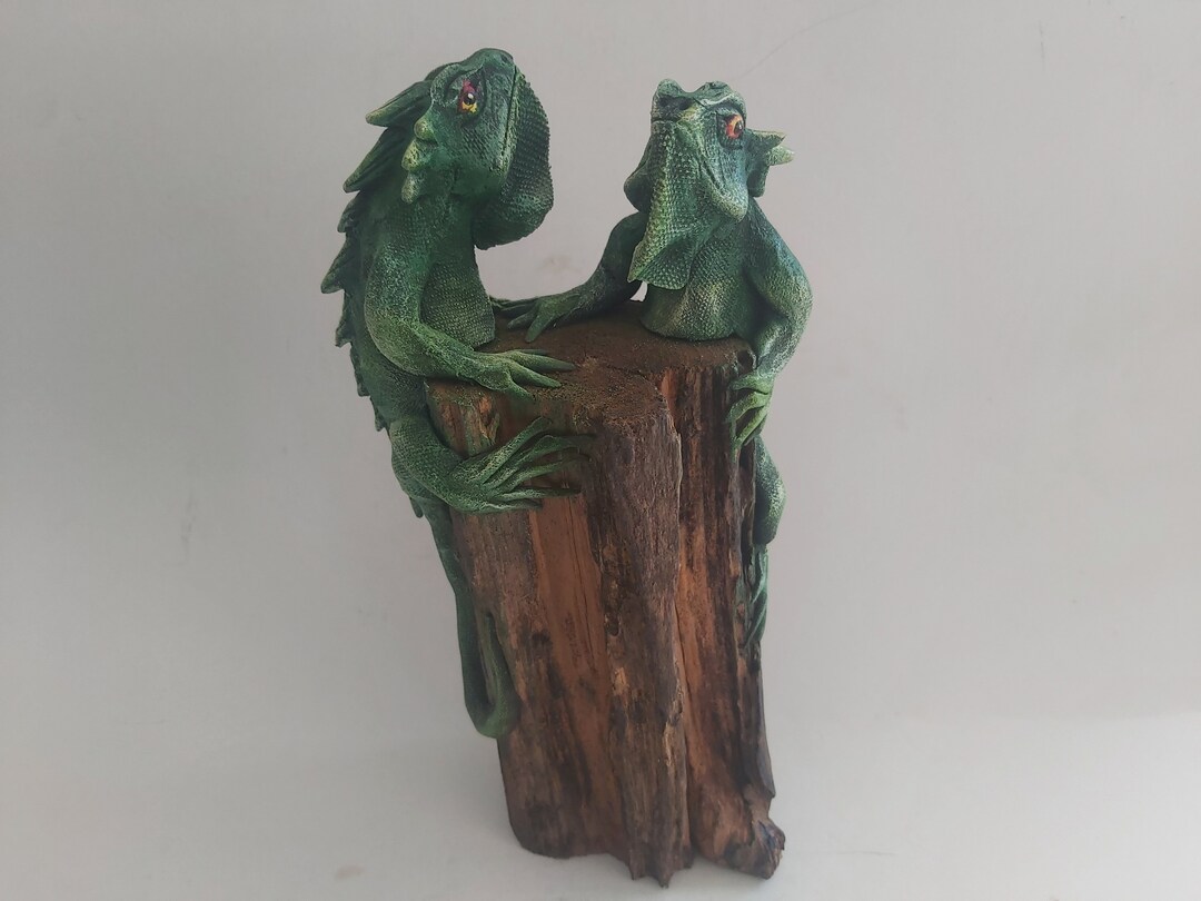 Double Iguana on Teak Wood / Clay Sculpture/ Home Decor / Outdoor Decor ...