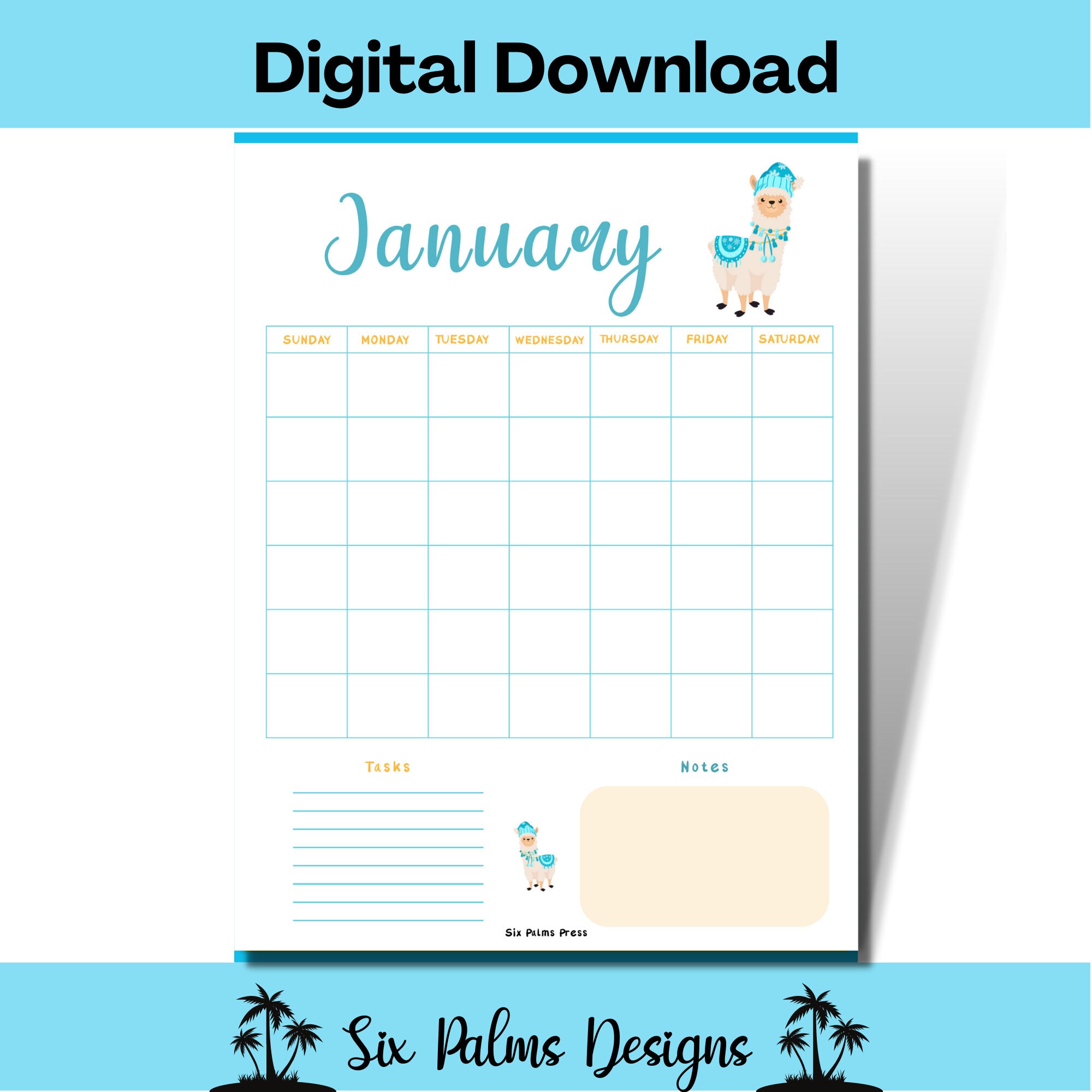 Undated Printable Llama Calendar Cute & Fun for Kids and Adults Monthly ...