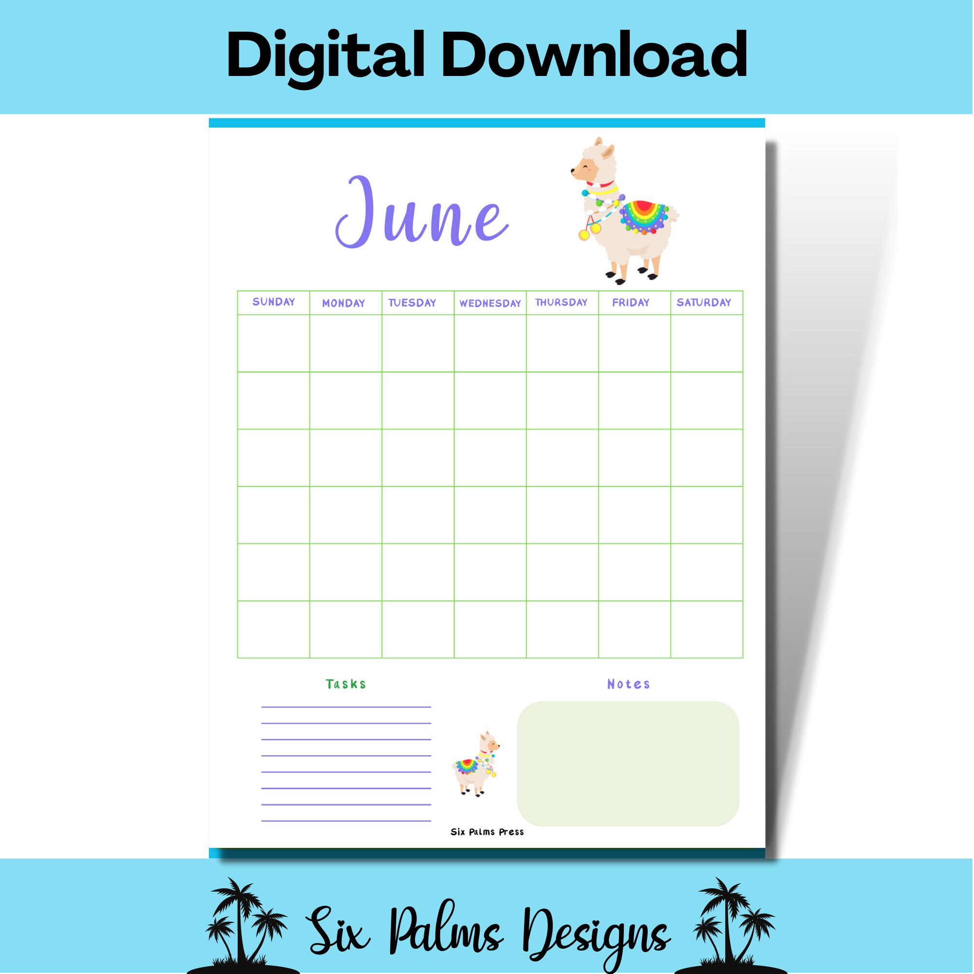Undated Printable Llama Calendar Cute & Fun for Kids and Adults Monthly ...