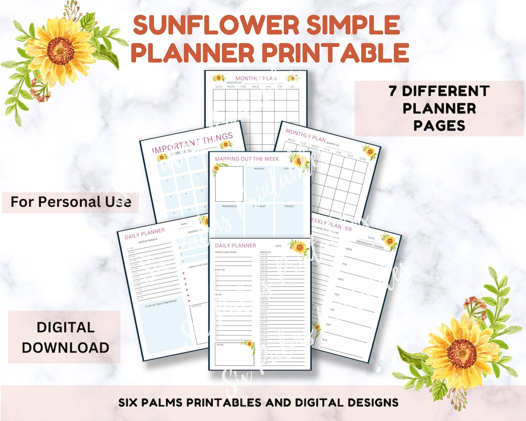 Sunflower Planner Printable: Minimalist Daily, Weekly, Monthly Sheets ...
