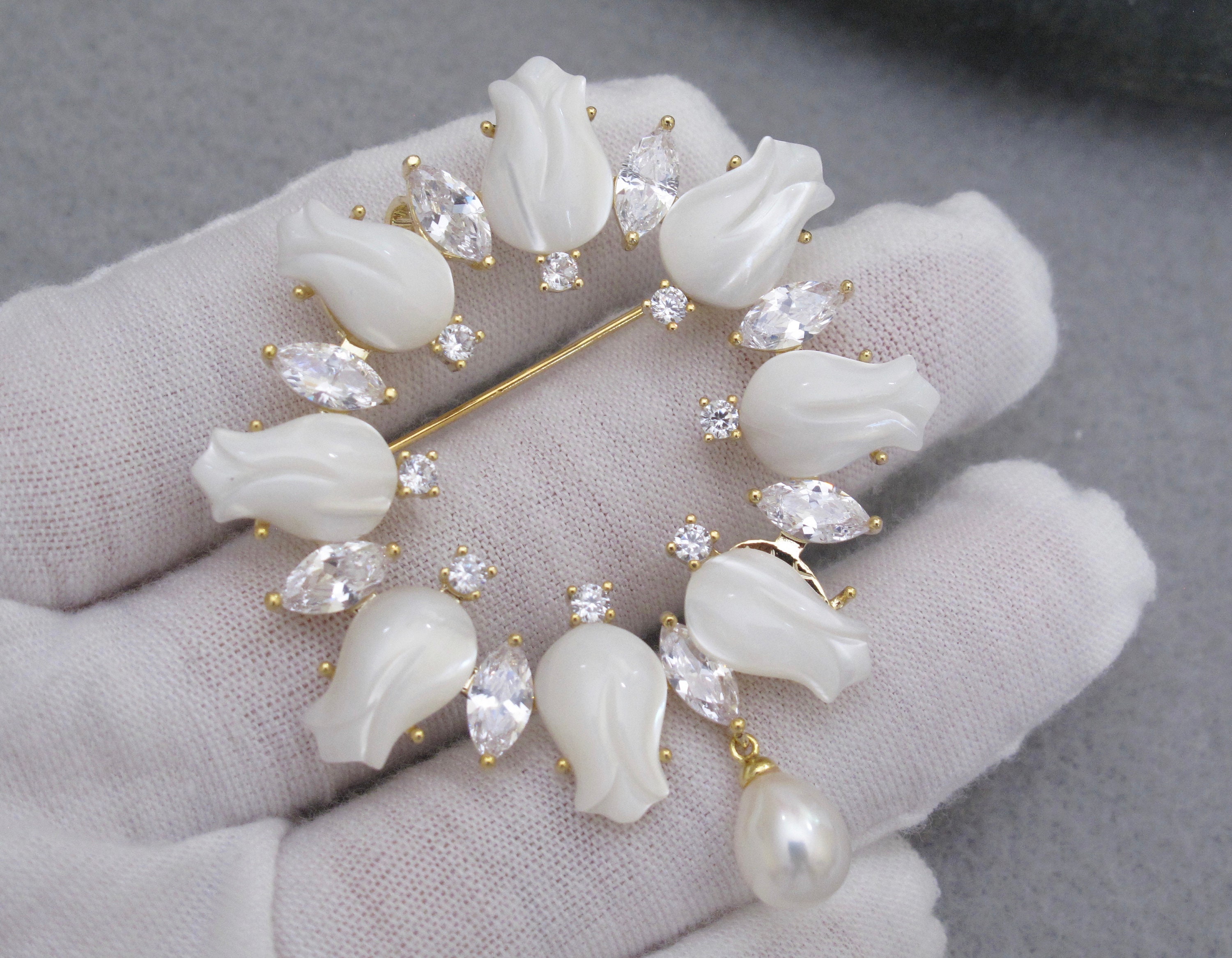 Beautiful Natural Mother of Pearl Flower w/Genuine Pearl Drop | Etsy