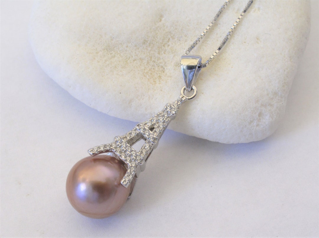Pink Edison Pearl Necklace: Sterling Silver Eiffel Tower Pendant - Etsy