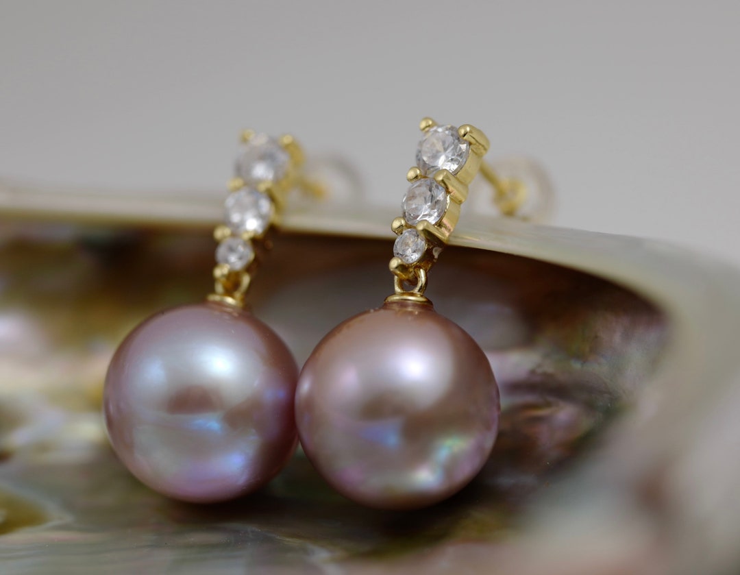 Mauve Pink Edison Pearl Earrings: 925 Gold Sterling, CZ Accent - Etsy
