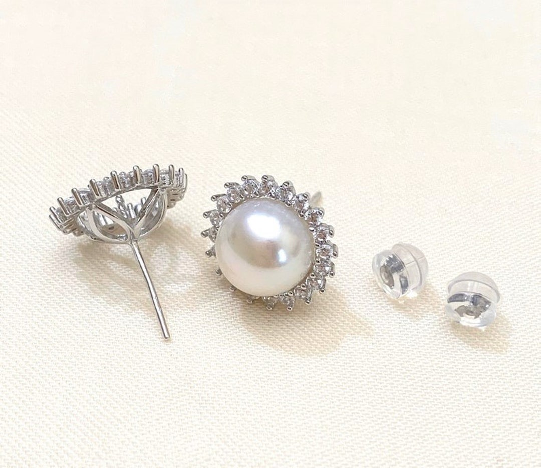 925 Sterling Silver Pearl Stud Earring Mounts With Czs Accent: DIY ...