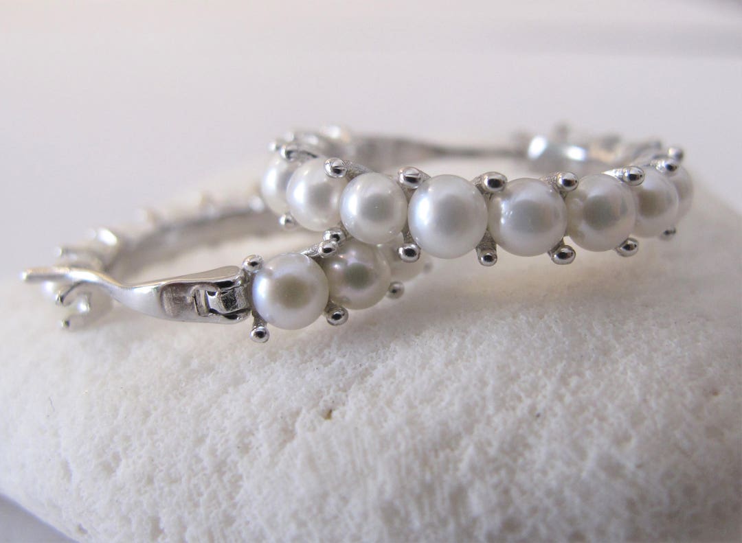 Natural White Freshwater Pearl Loop Earrings W/ Solid 925 Sterling ...