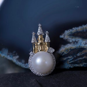 Freshwater Pearl Castle Pendant: Cubic Zirconia, Sterling Silver & Gold ...