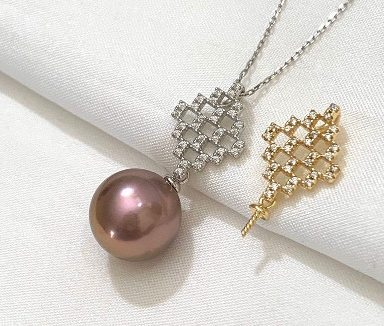 925 Sterling SilverGold Pendant Setting wCZs for Half Drilled Pearl ...