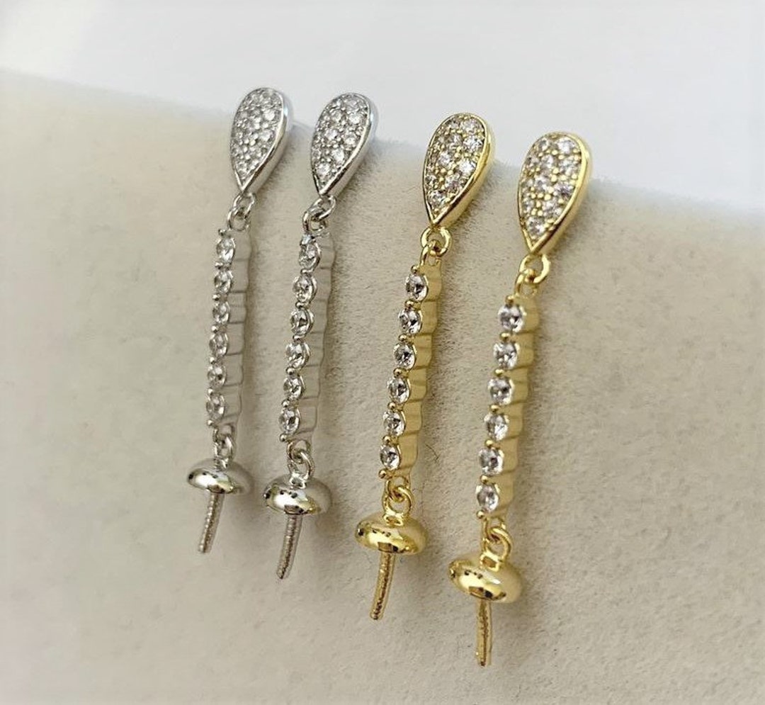 Sterling Silver Teardrop Earring Mounts: CZ Dangle Pearl Setting - Etsy