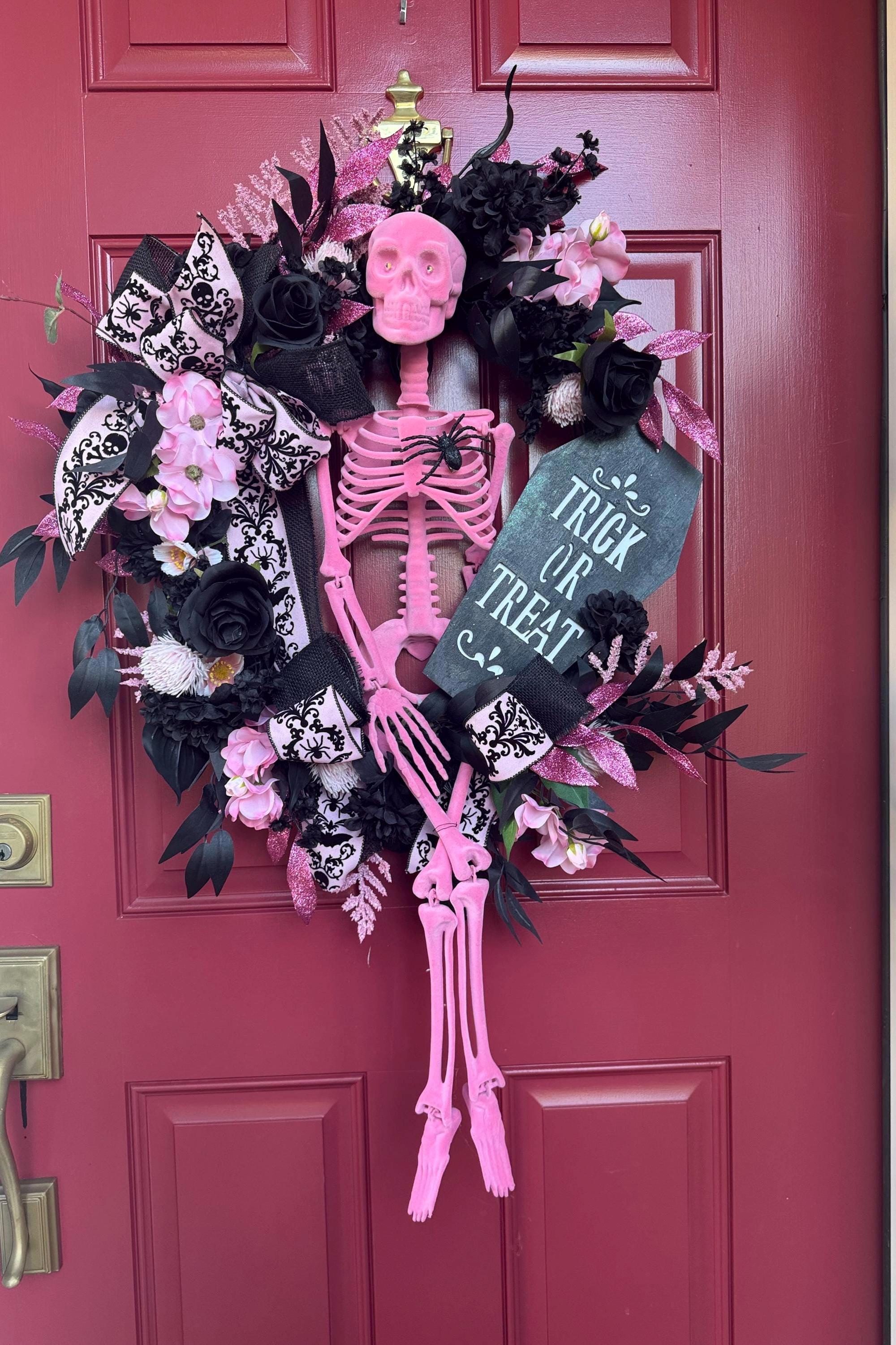 Light-up Gothic Glam Pink Flocked Skeleton Wreath for Door or Wall - Etsy