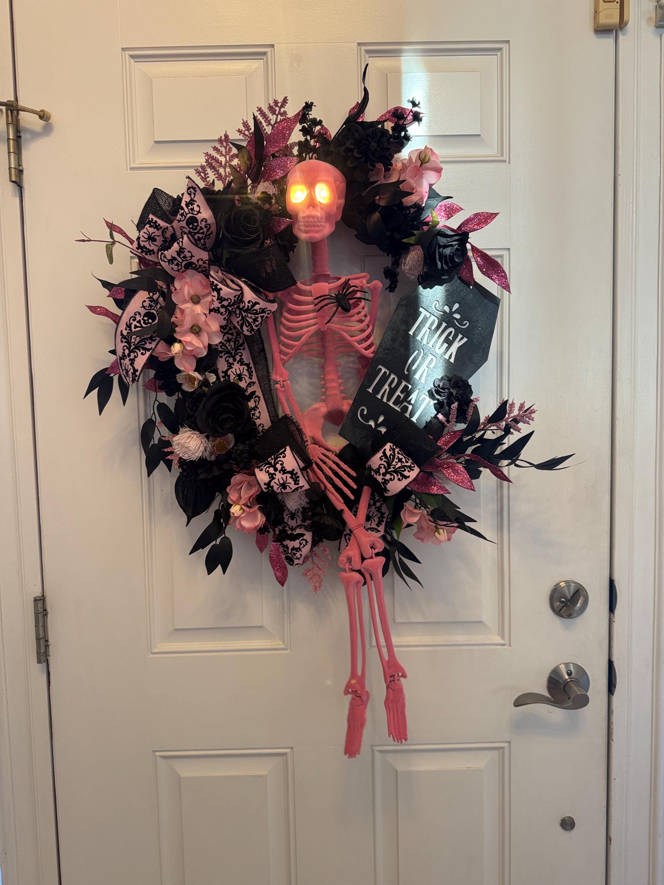 Light-up Gothic Glam Pink Flocked Skeleton Wreath for Door or Wall - Etsy