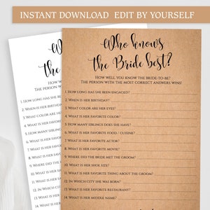 EDITABLE Who Knows the Bride Best Game Printable PDF Template Rustic ...