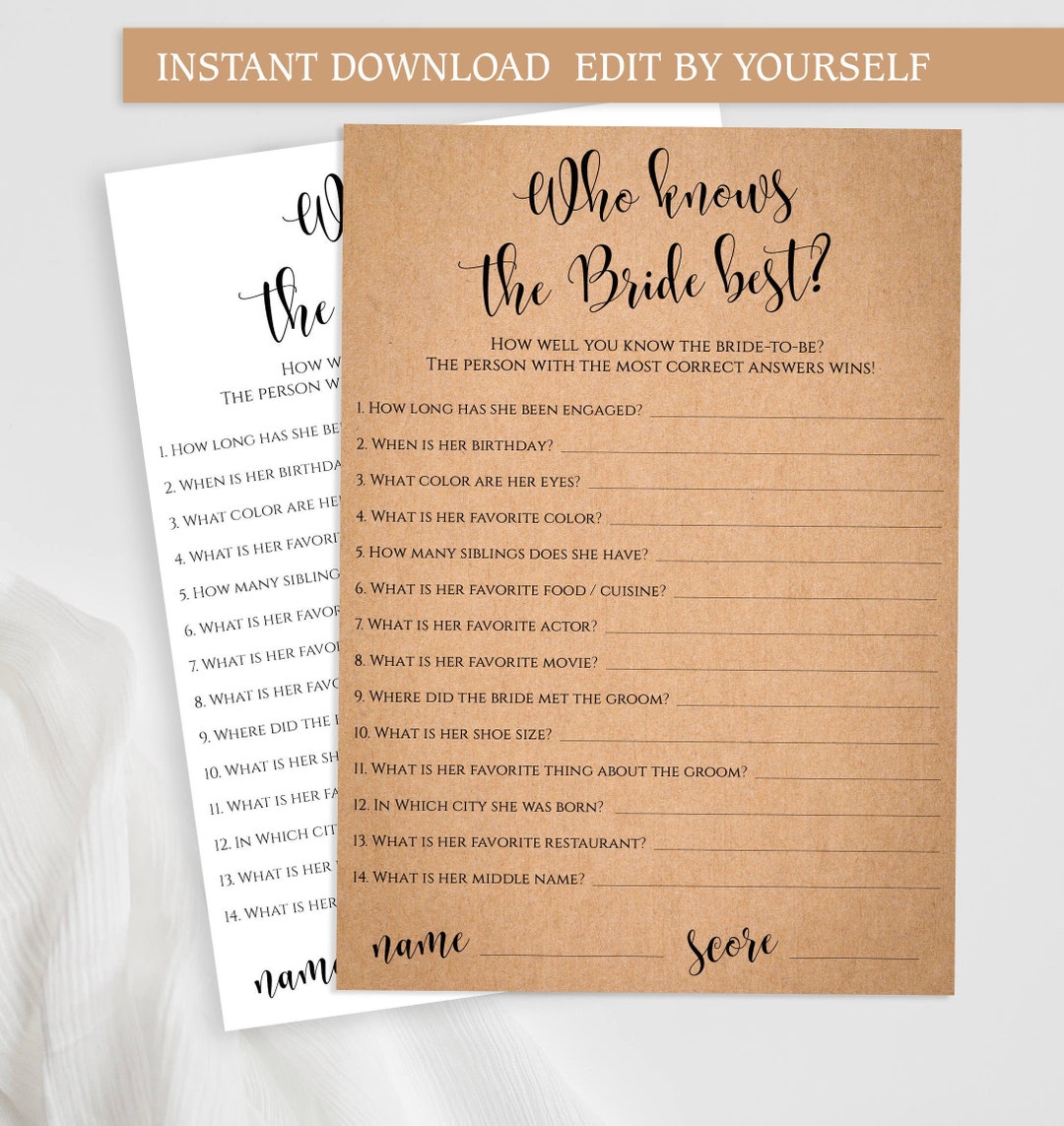 EDITABLE Who Knows the Bride Best Game Printable PDF Template Rustic ...