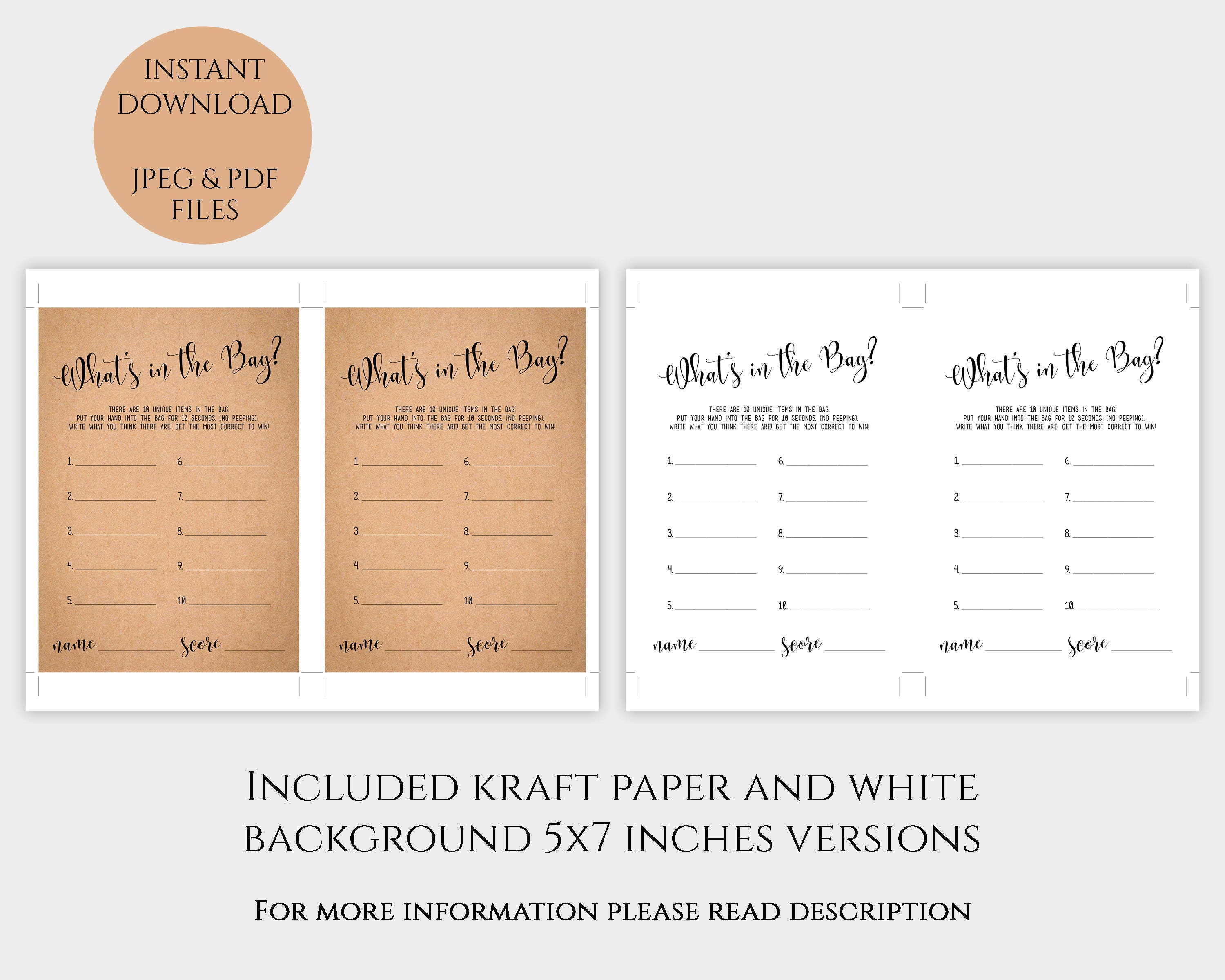 What's in the Bag Printable Game Instant Download PDF JPEG Rustic Baby ...