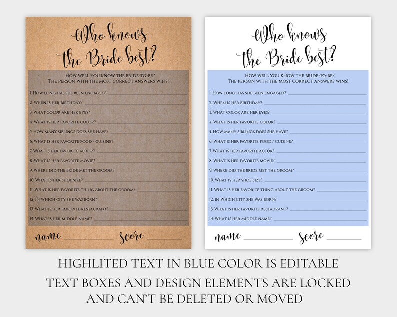 EDITABLE Who Knows the Bride Best Game Printable PDF Template Rustic ...