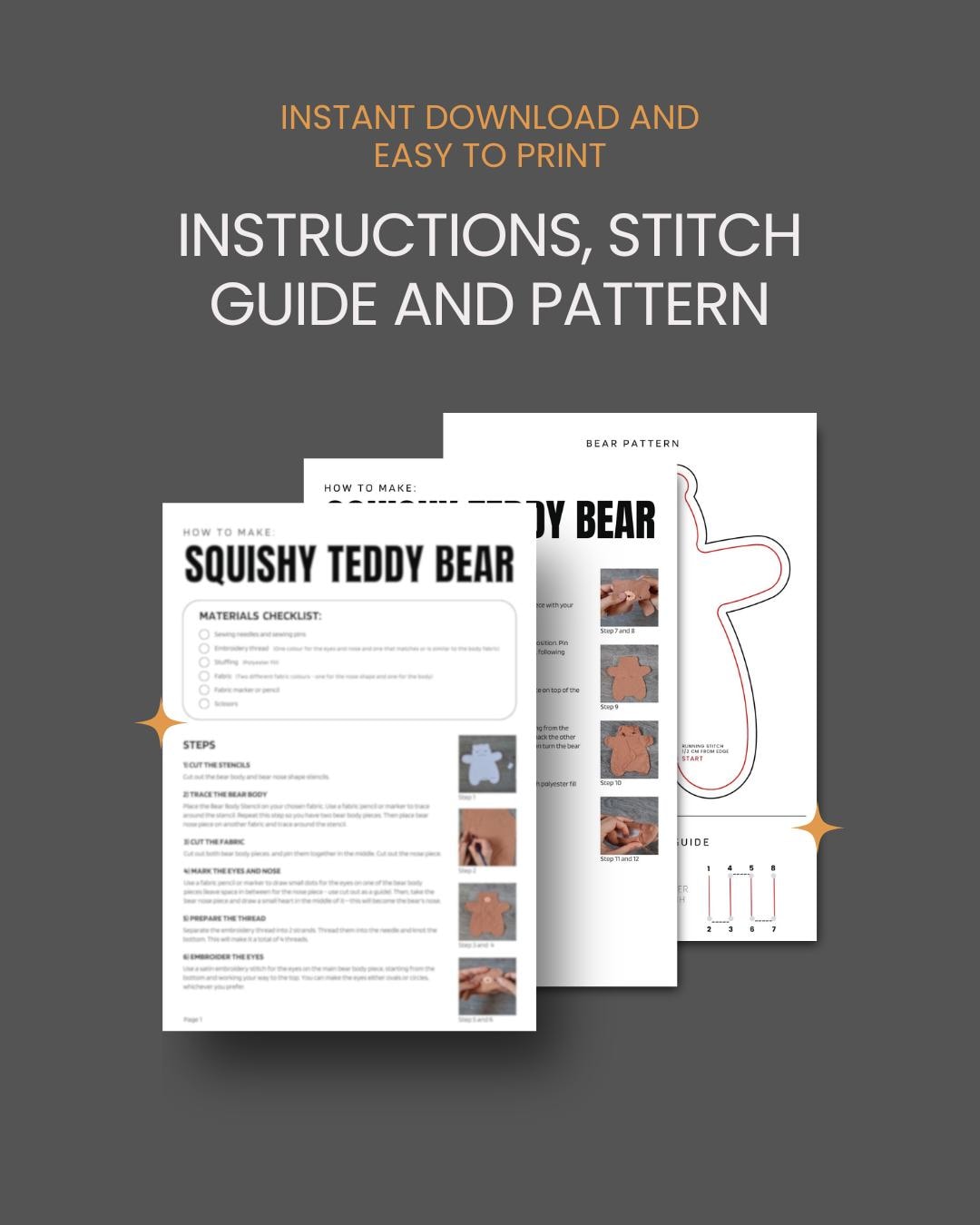 Easy to Make Super Squishy Teddy Bear PDF Instructions, Stitch Guide ...