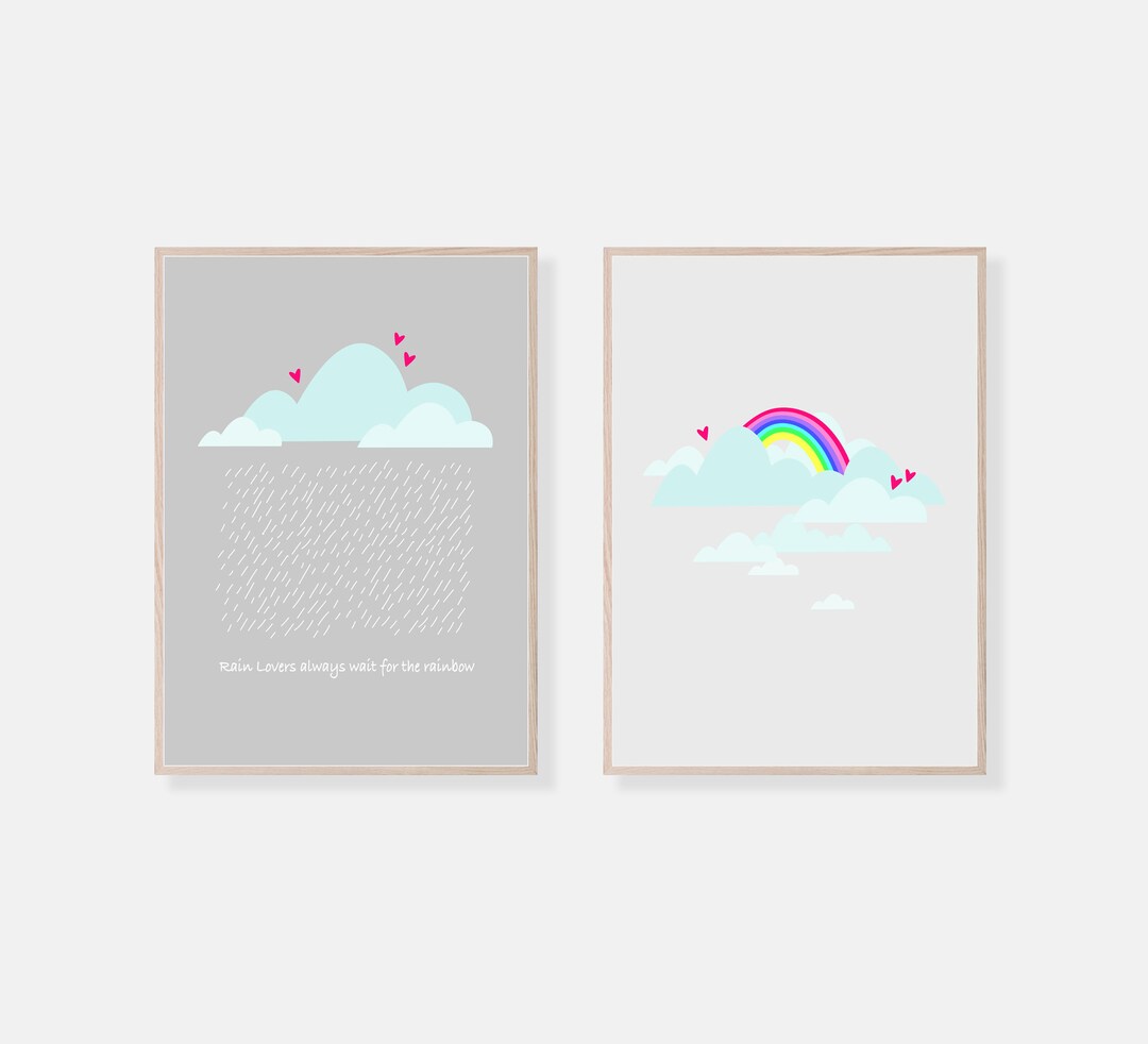 Rainbow and Rain Cloud Prints: Colorful Nursery Wall Art (digital ...