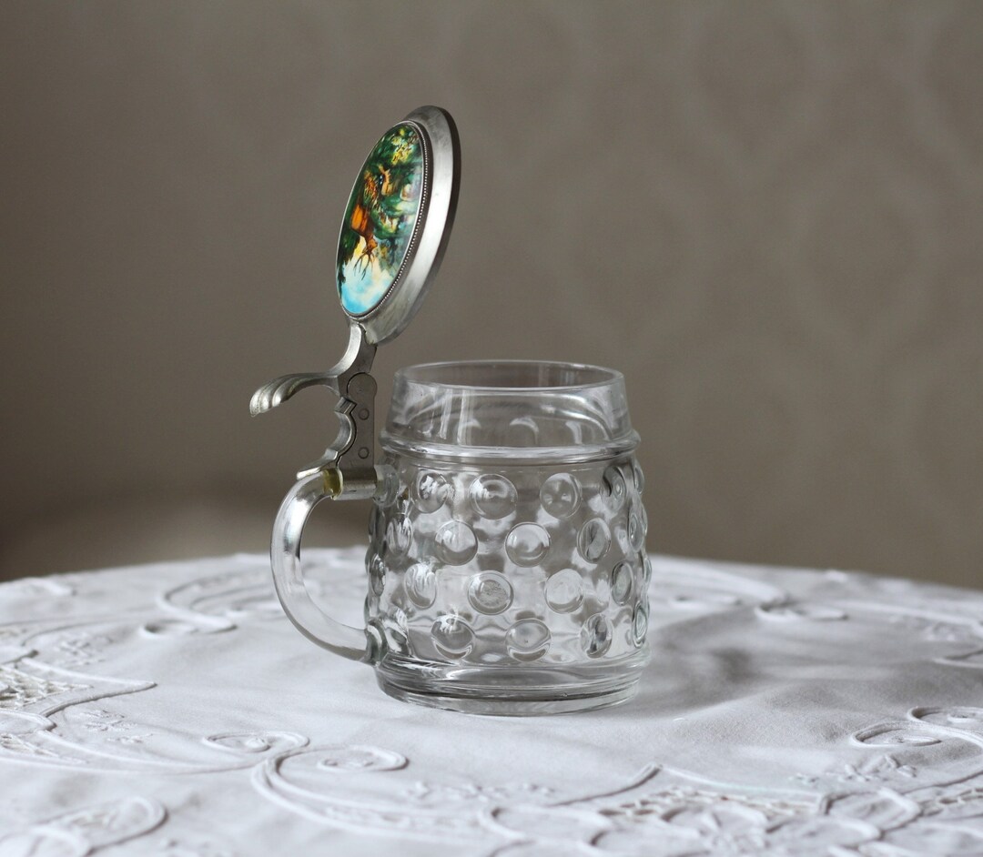 Vintage German Big Bubble Glass Beer Jug With Metal Lid With Deer ...