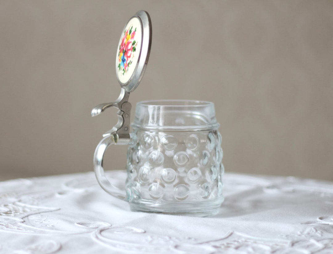 Vintage German Big Bubble Glass Beer Jug With Metal Lid Wit Flower ...