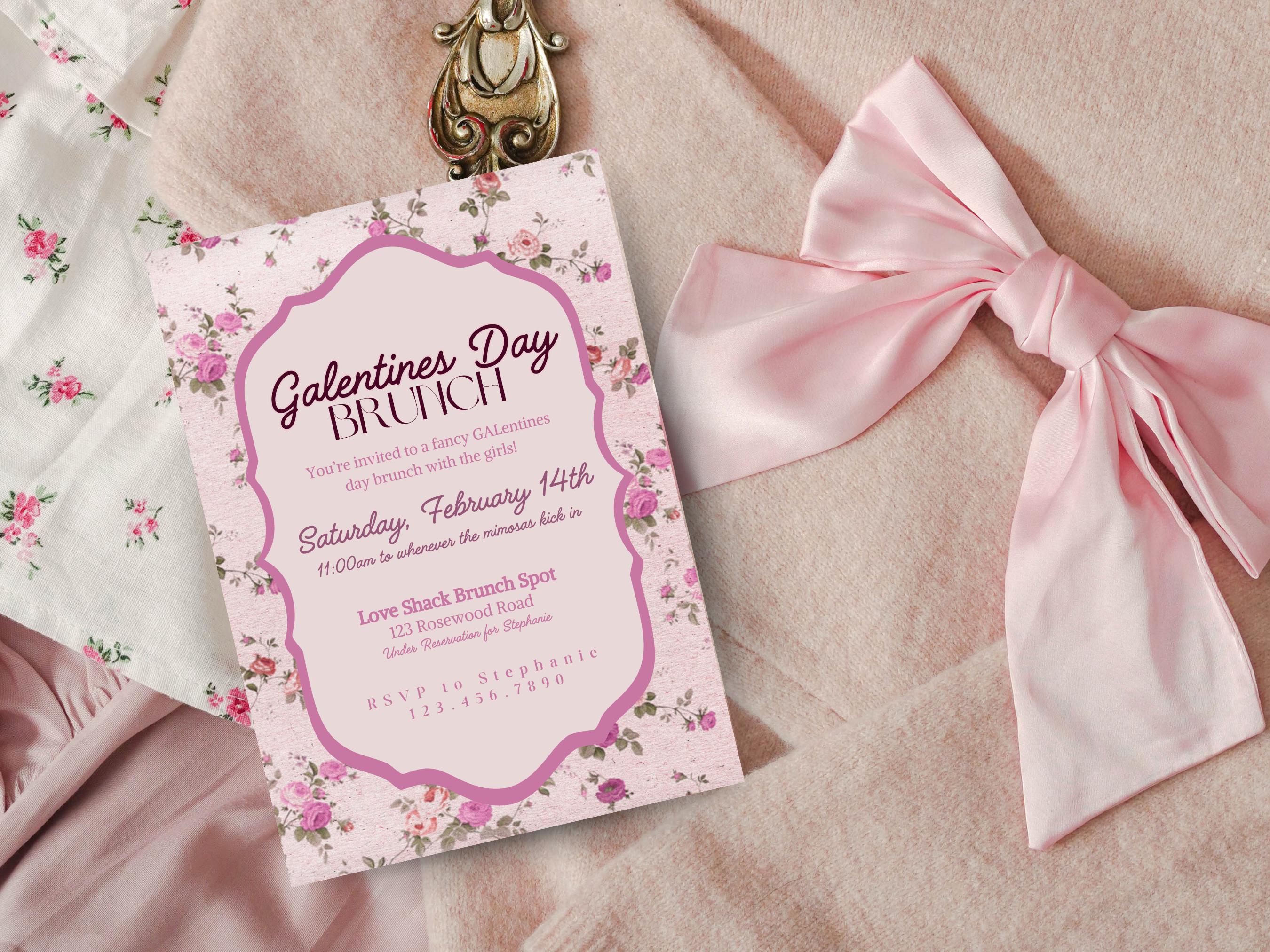 Galentines Day Brunch Party Invitation Template Vintage Pink Floral ...