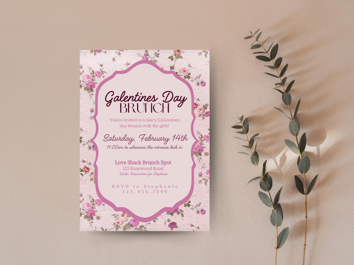Galentines Day Brunch Party Invitation Template Vintage Pink Floral ...
