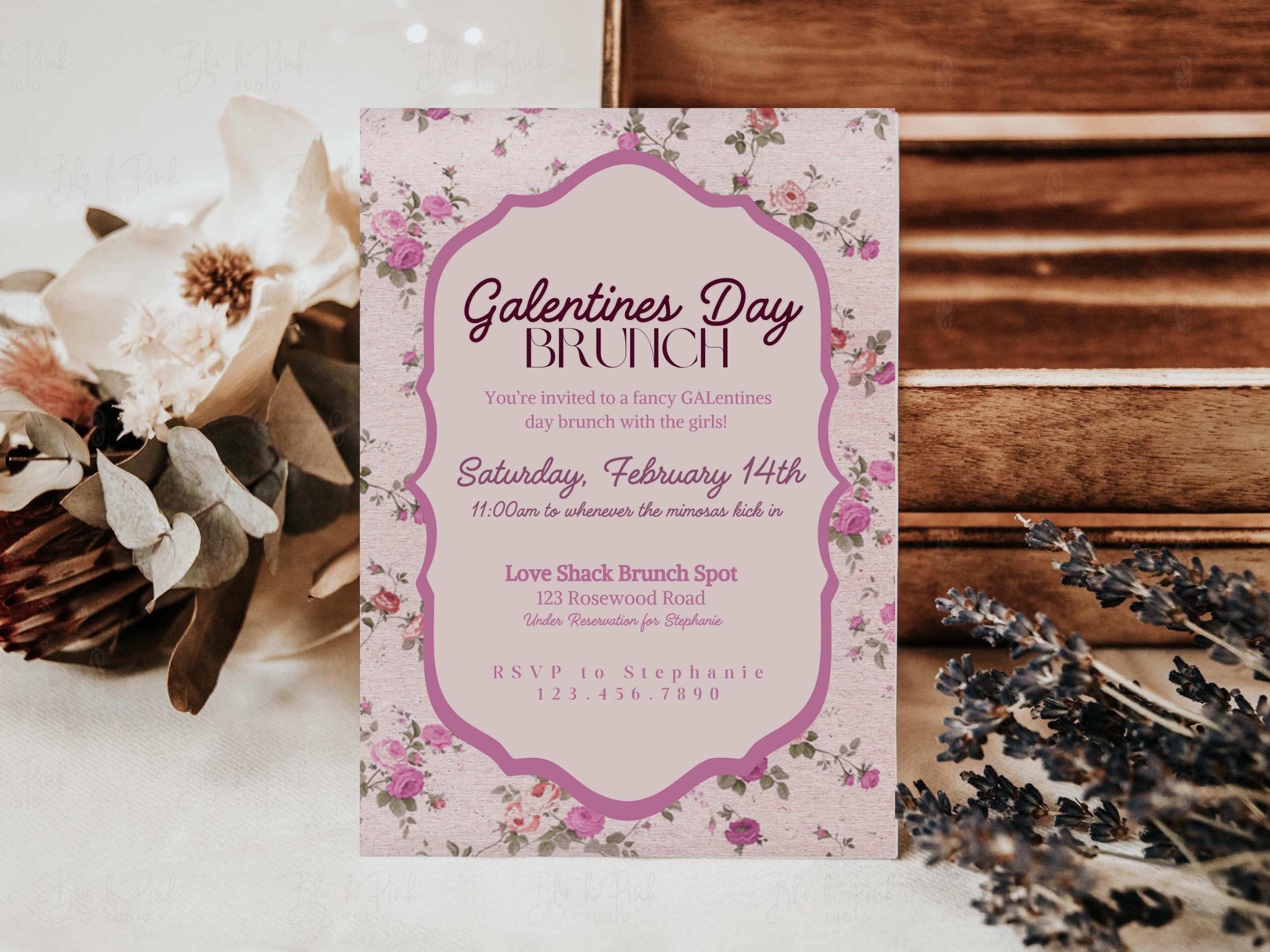 Galentines Day Brunch Party Invitation Template Vintage Pink Floral ...