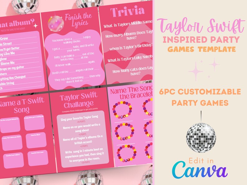 Taylor Swift Party Games Printable Canva Template for Kids 6pc Taylor ...