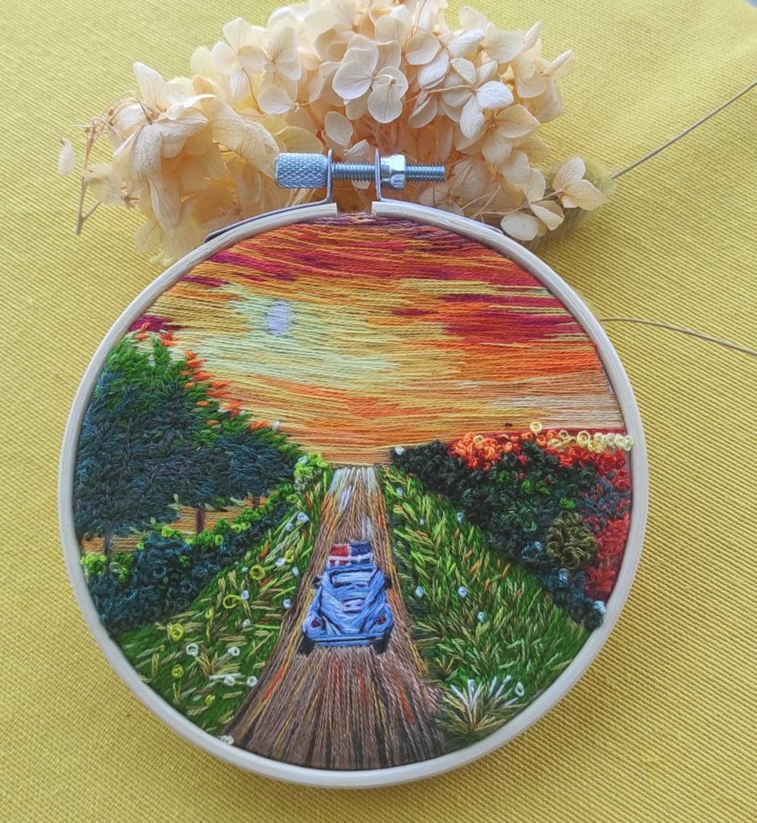 Sunset Embroidery, Embroidery Art, Hoop Embroidery Art, Landscape ...