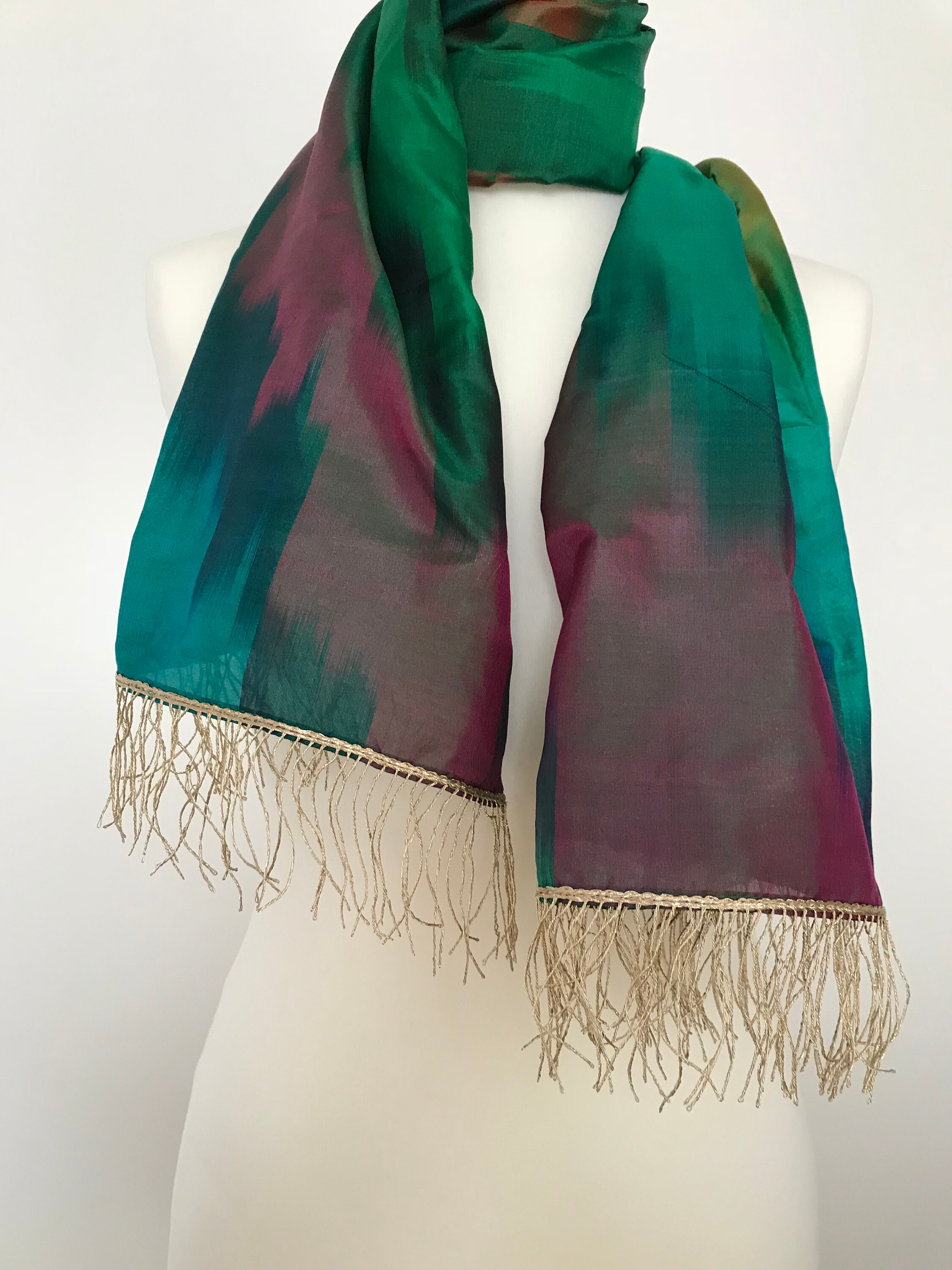 Green Silk Taffeta Shawl Silvery Fringe Wrap Scarf - Etsy