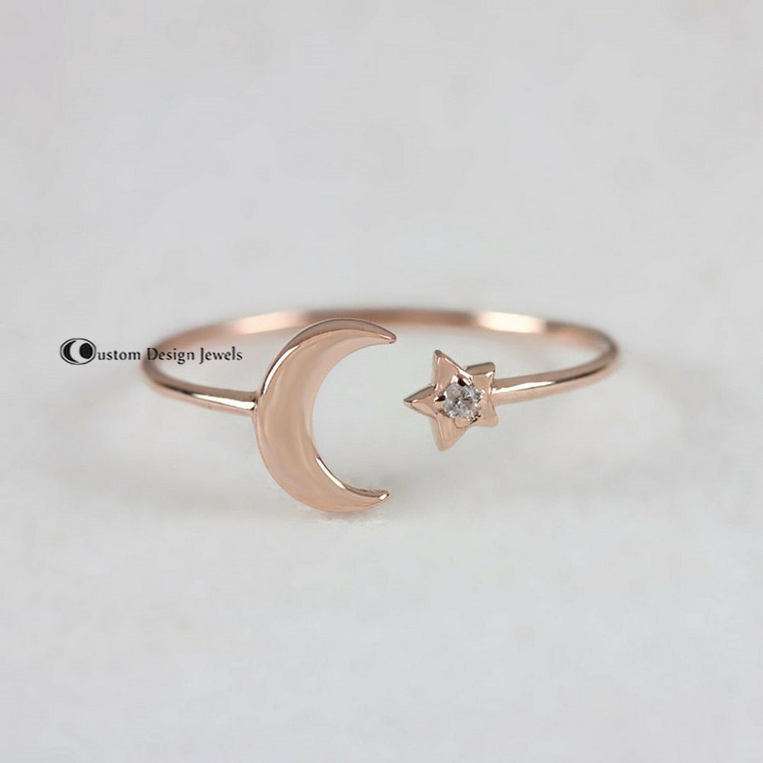 14K Gold Dainty Gold Moon Star Ring ,crescent Moon Adjustable Band Ring, Dainty Moon Star Ring ...
