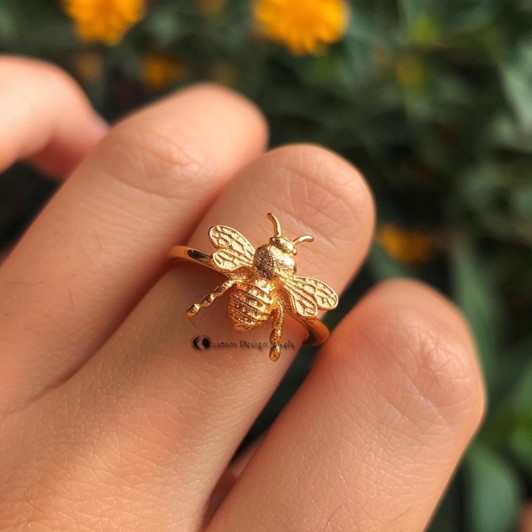 14K Gold Plated Honey Bee Ring, Dainty Honey Bee Ring, Bee Inspired ...