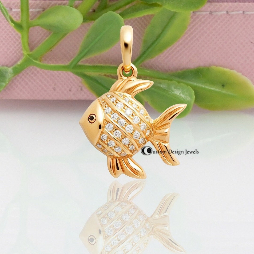 14k Gold Gemstone Fish Pendant , Pave Angelfish Charm Pendant , Golden ...