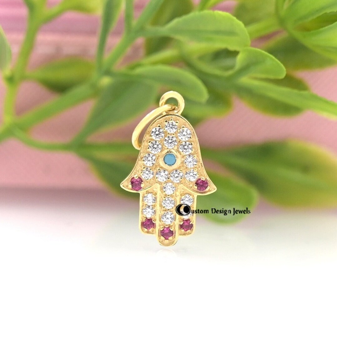 14k Gold Plated Evil Eye Hamsa Pendant, Hamsa Hand Charm ,hamsa With ...